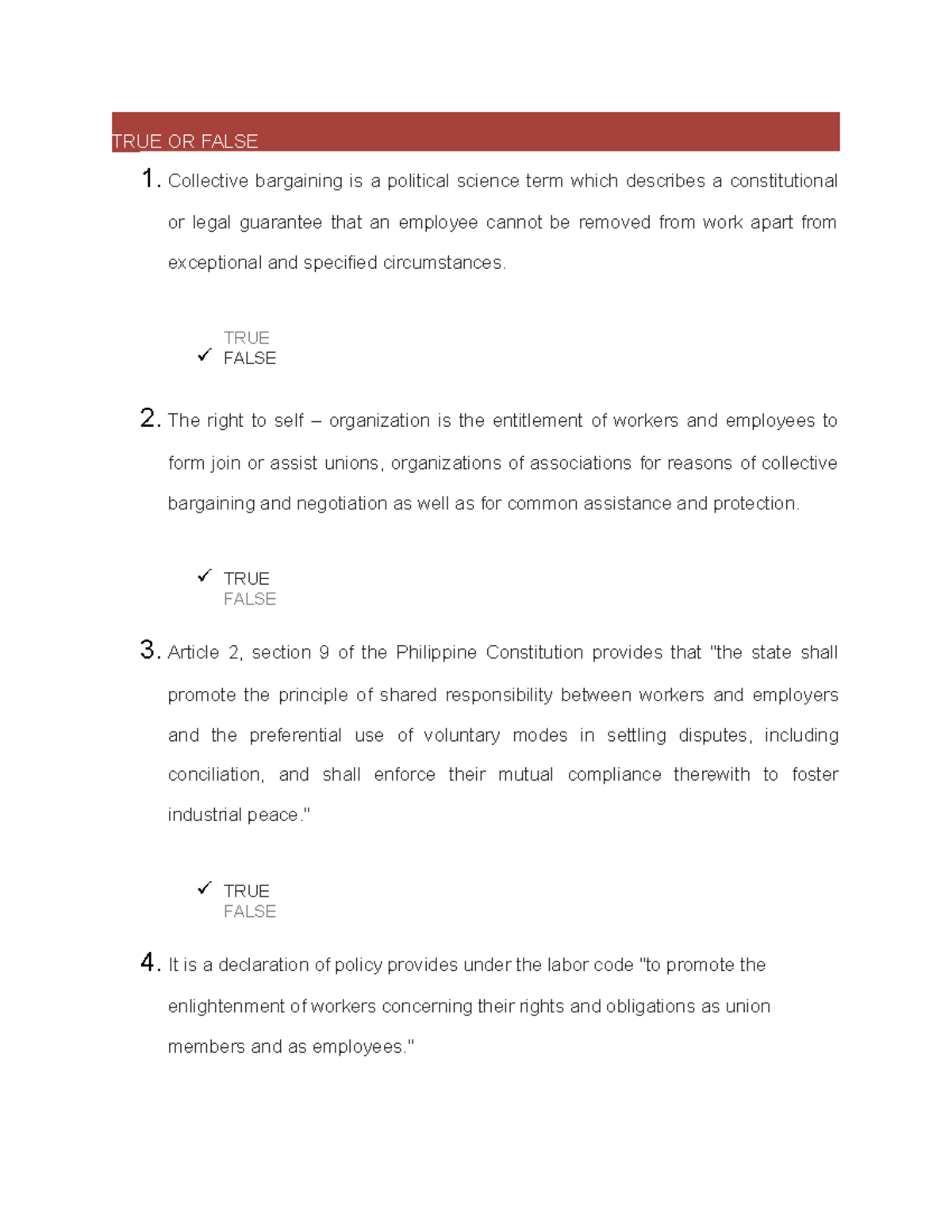 TRUE OR False - Quiz answers on Labor Relations - TRUE OR FALSE 1 ...