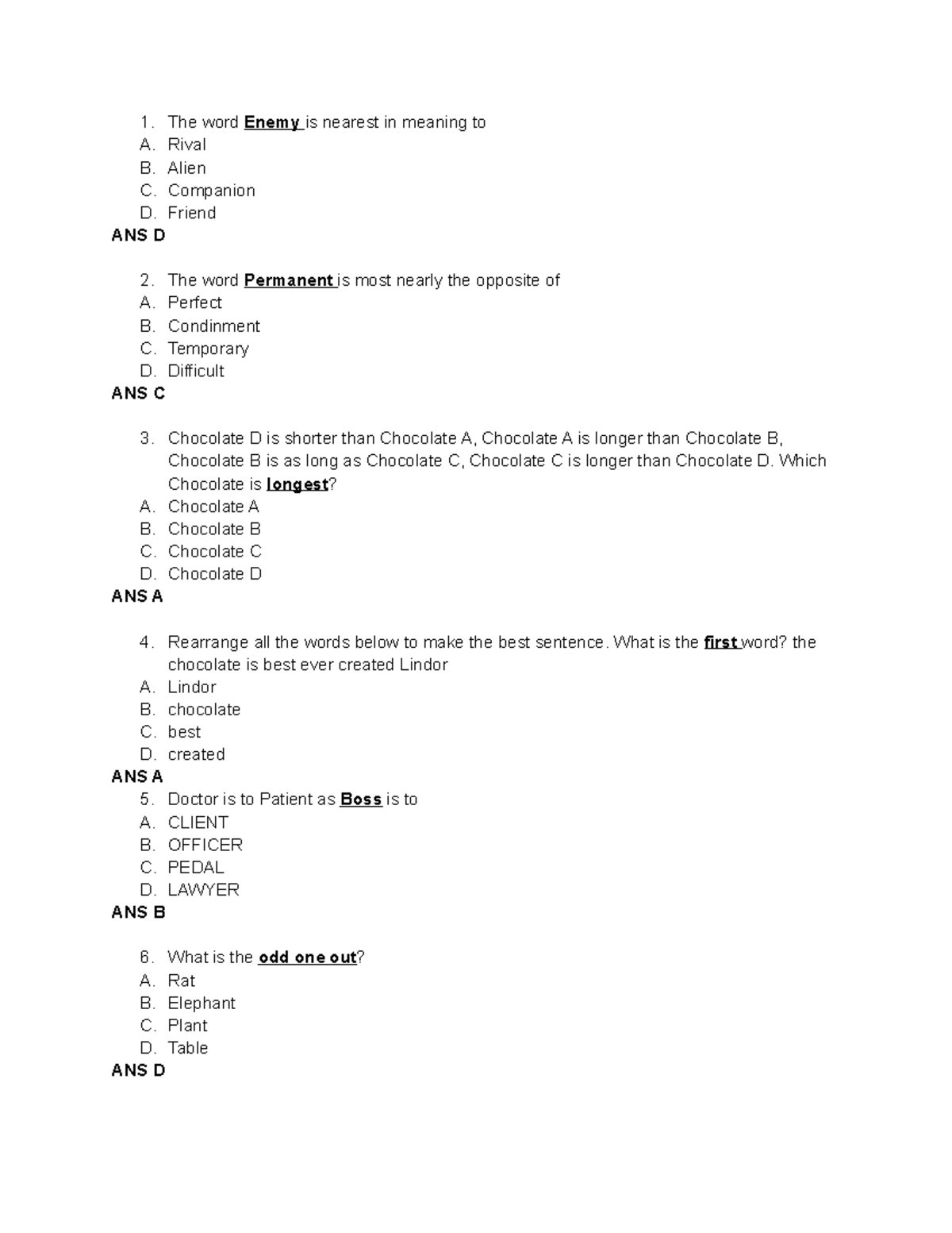 OC Test Paper 2 Part 2 With Answers - The word Enemy is nearest in ...