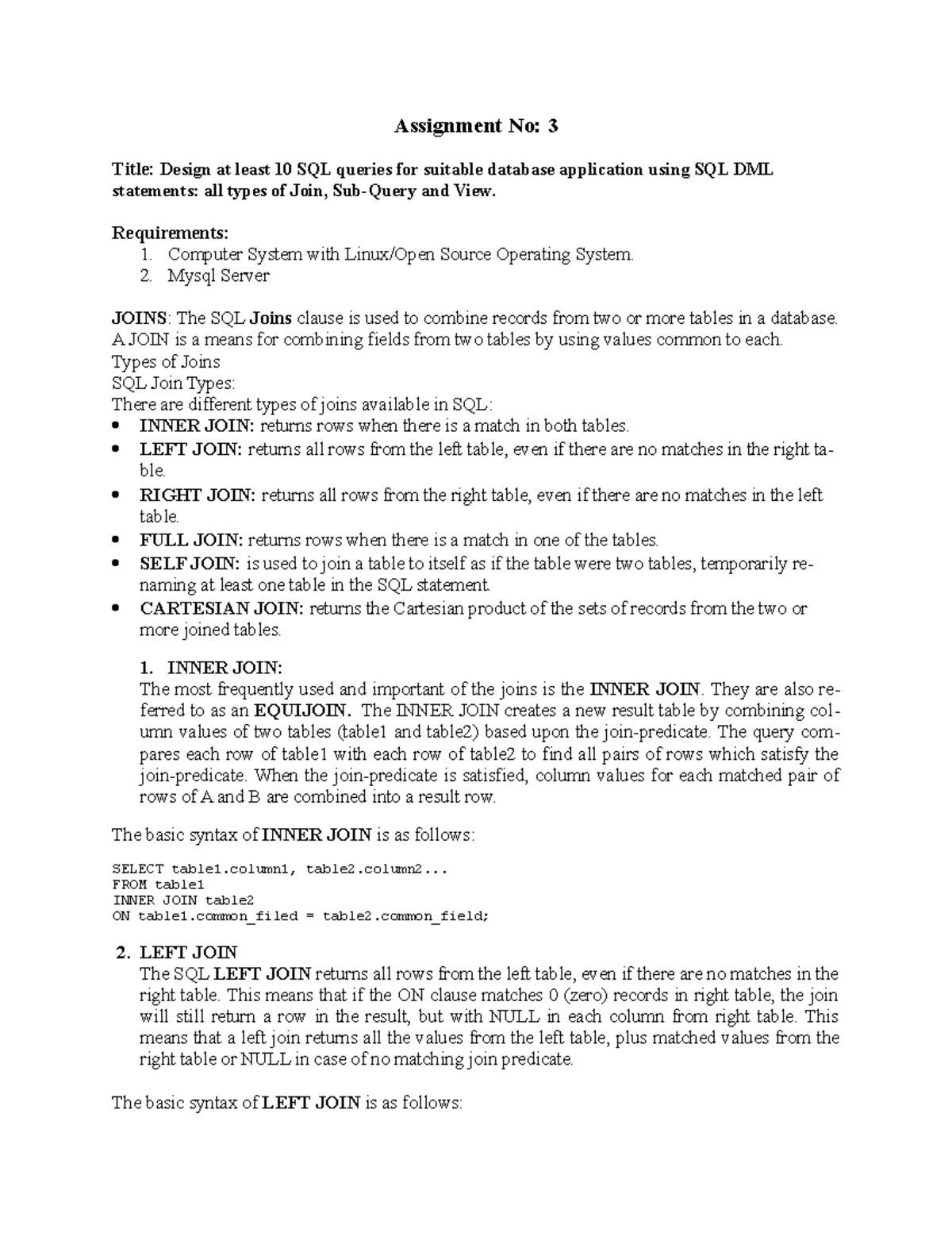 Dbmsl Assignment 3 New Assignment No 3 Title Design At Least 10 Sql Queries For Suitable 