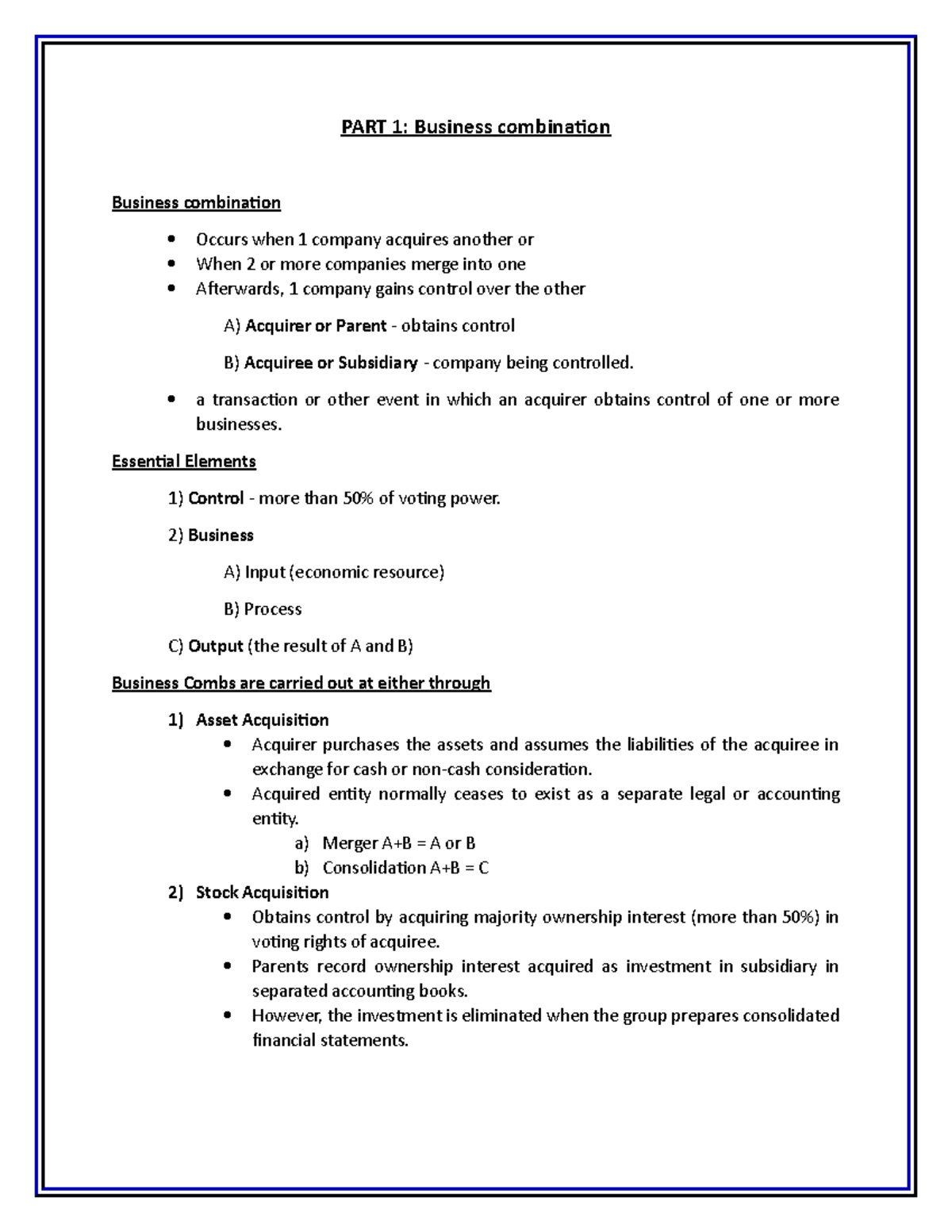PART 1 Business Combination - PART 1: Business combination Business ...