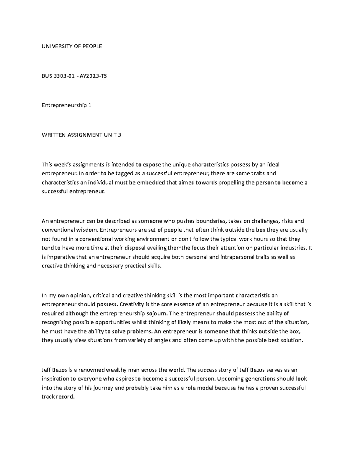 BUS 3303 Written Assignment UNIT 4 - UNIVERSITY OF PEOPLE BUS 3303-01 - AY2023-T ...