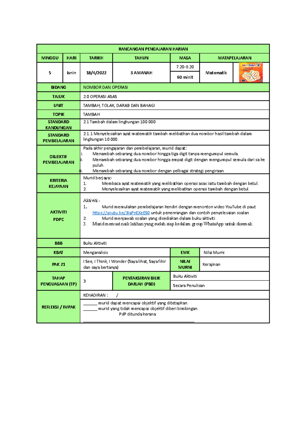 MT M5 18 - RANCANGAN PENGAJARAN HARIAN MINGGU HARI TARIKH TAHUN MASA MATAPELAJARAN 5 Isnin 18/4 ...