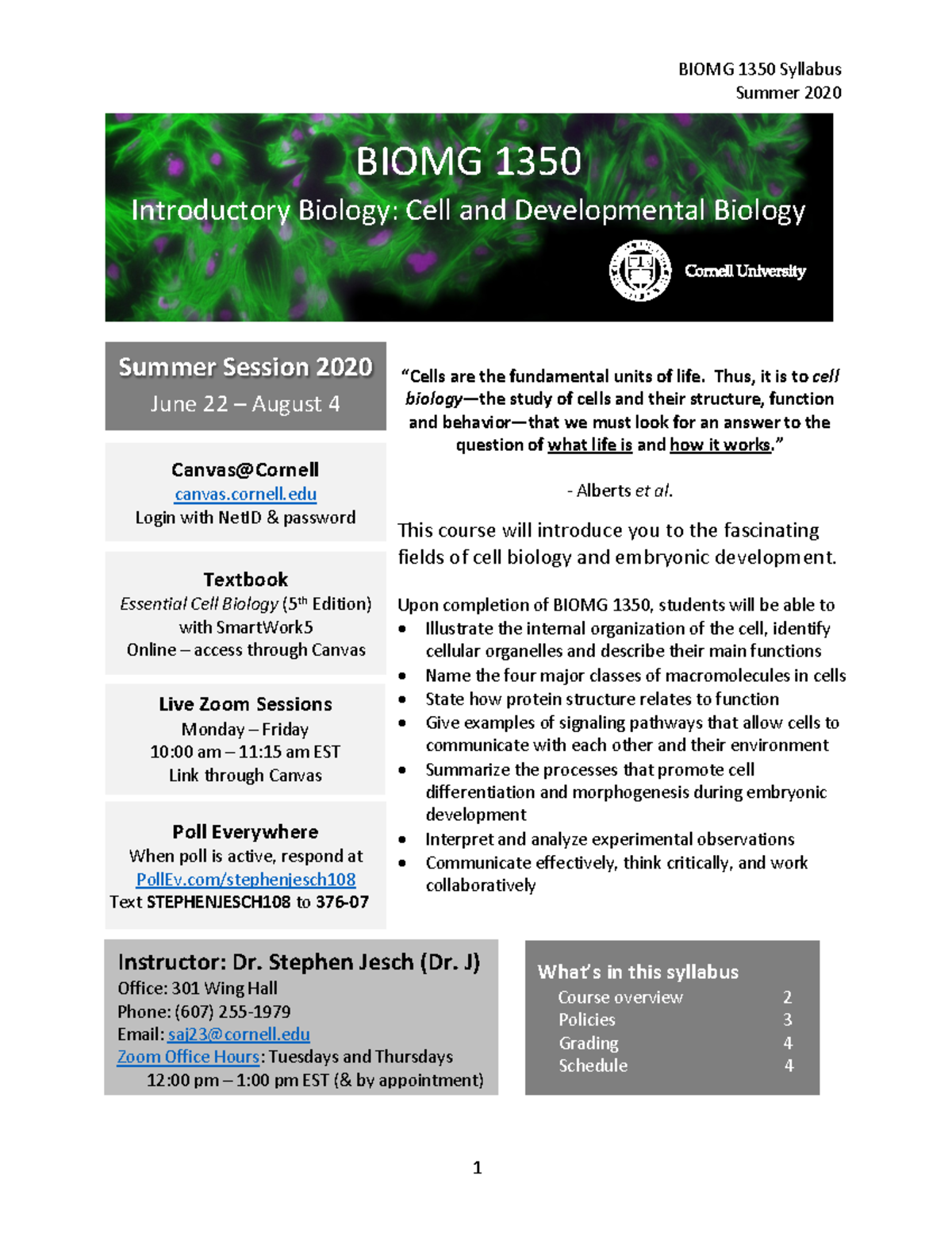 Syllabus BIOMG 1350 Summer 2020 - Warning: TT: undefined function: 32 Warning: TT: undefined ...
