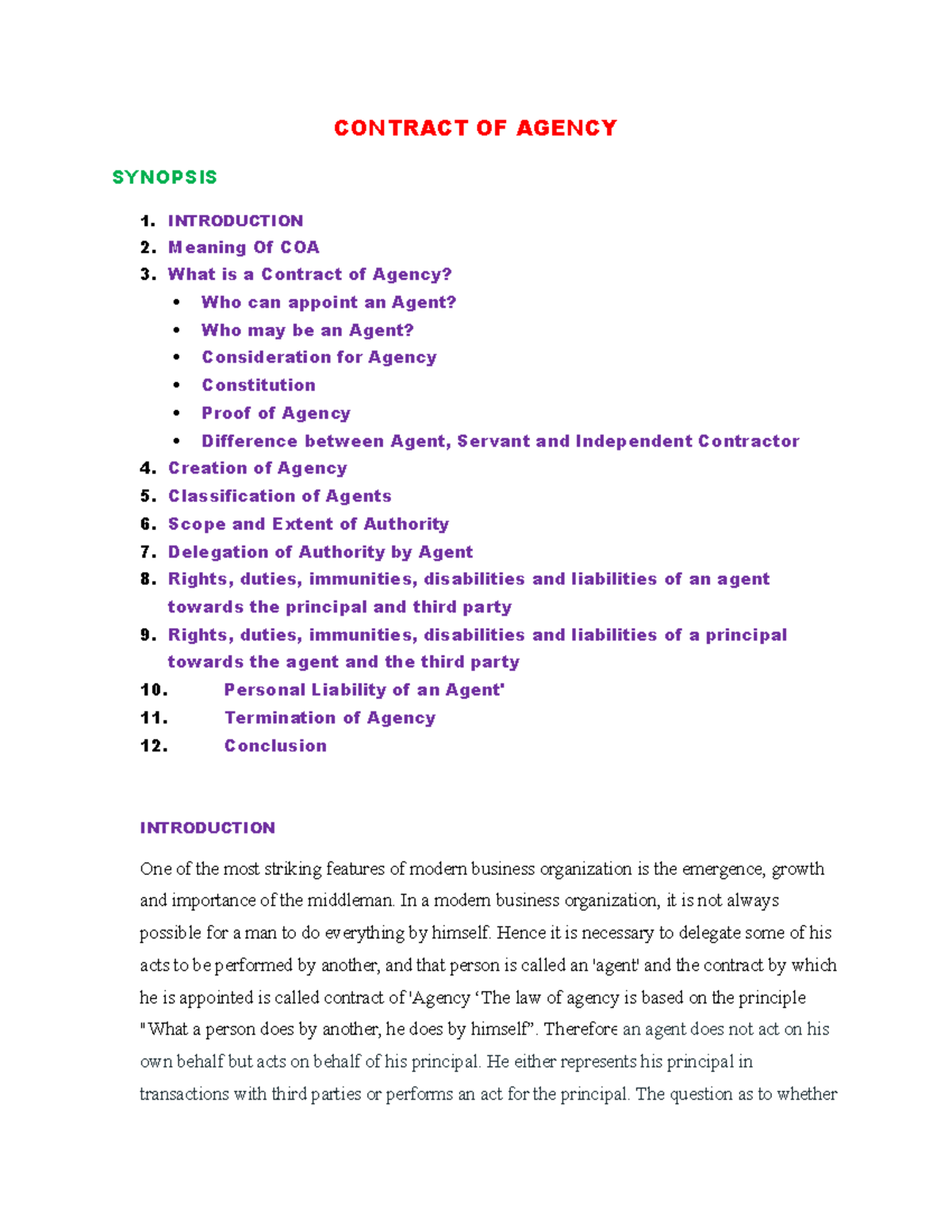5. Contract of Agency - ffdf - CONTRACT OF AGENCY SYNOPSIS INTRODUCTION ...