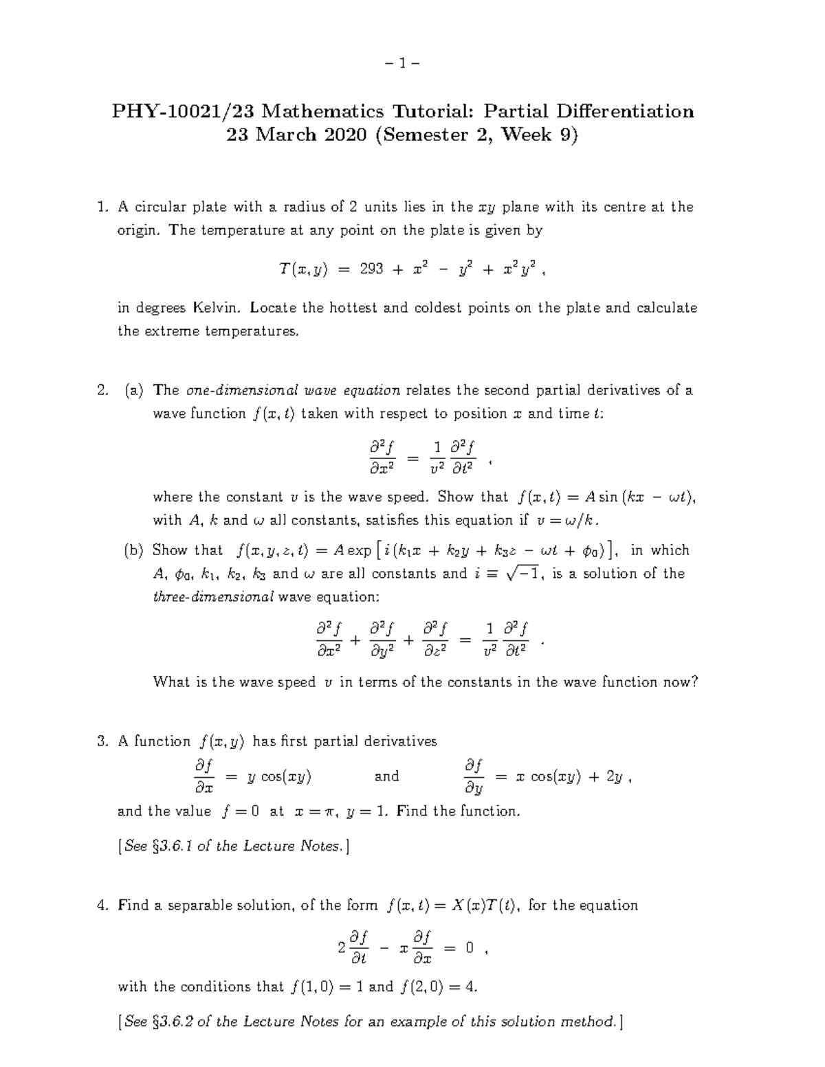 Semester 2 Tutorial 9 2020 - – 1 – PHY-10021/23 Mathematics Tutorial ...