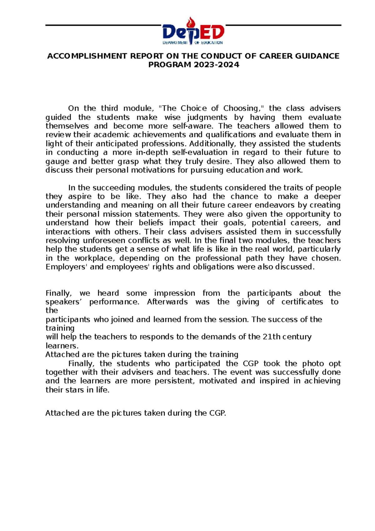 Accomplishment Report CGP - ACCOMPLISHMENT REPORT ON THE CONDUCT OF ...