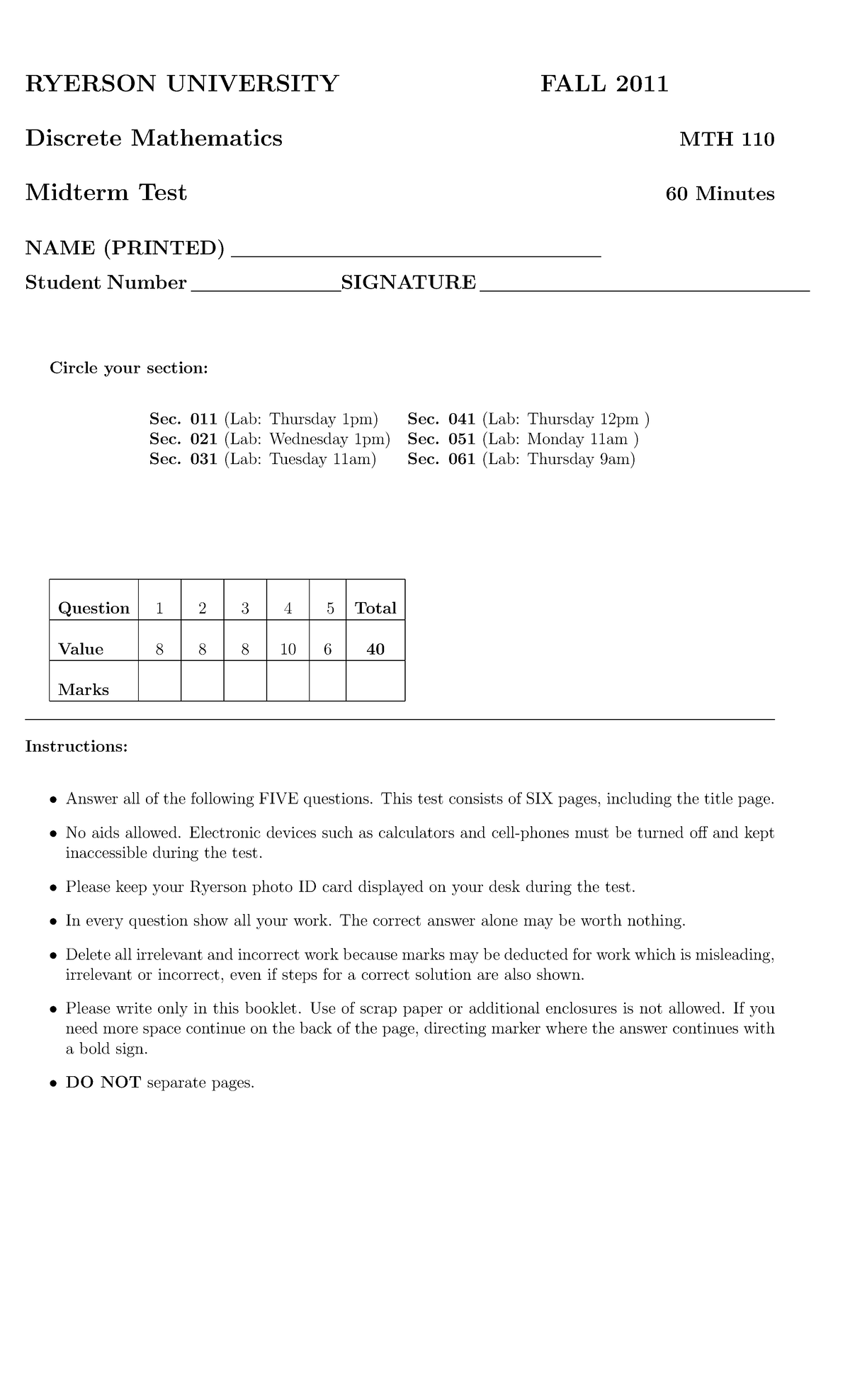 Exam 2014 questions - RYERSON UNIVERSITY FALL 2011 Discrete Mathematics ...