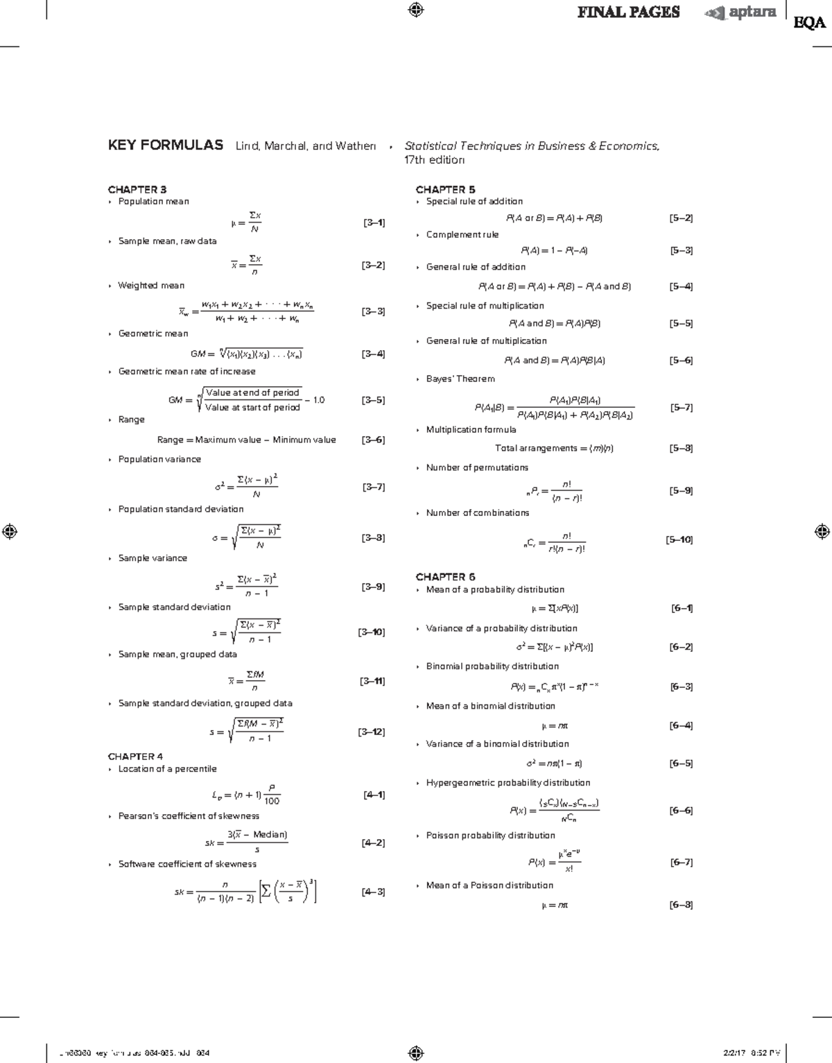 Lin66360 key formulas 864 867 - CHAPTER 3 • Population mean μ = ΣNx [3–1] • Sample mean, raw ...