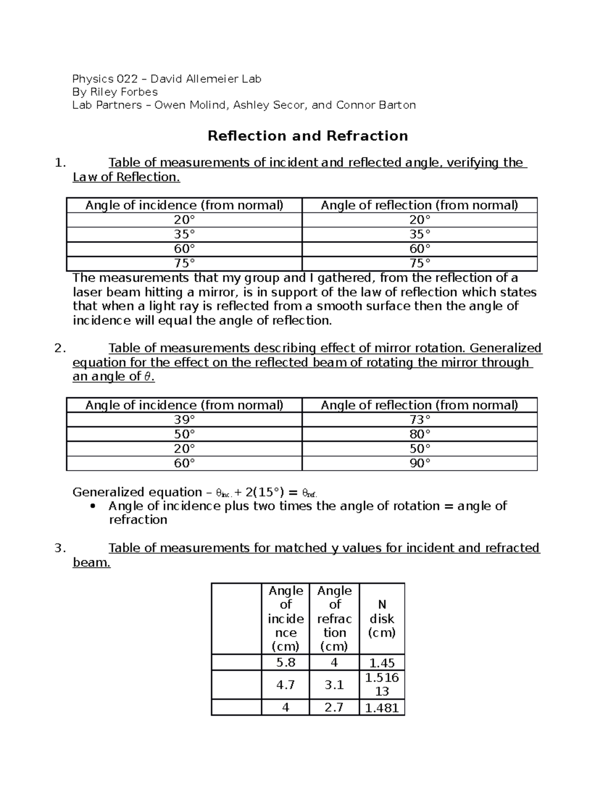 Physics Lab 022 - Reflection and Refraction - Physics 022 – David ...
