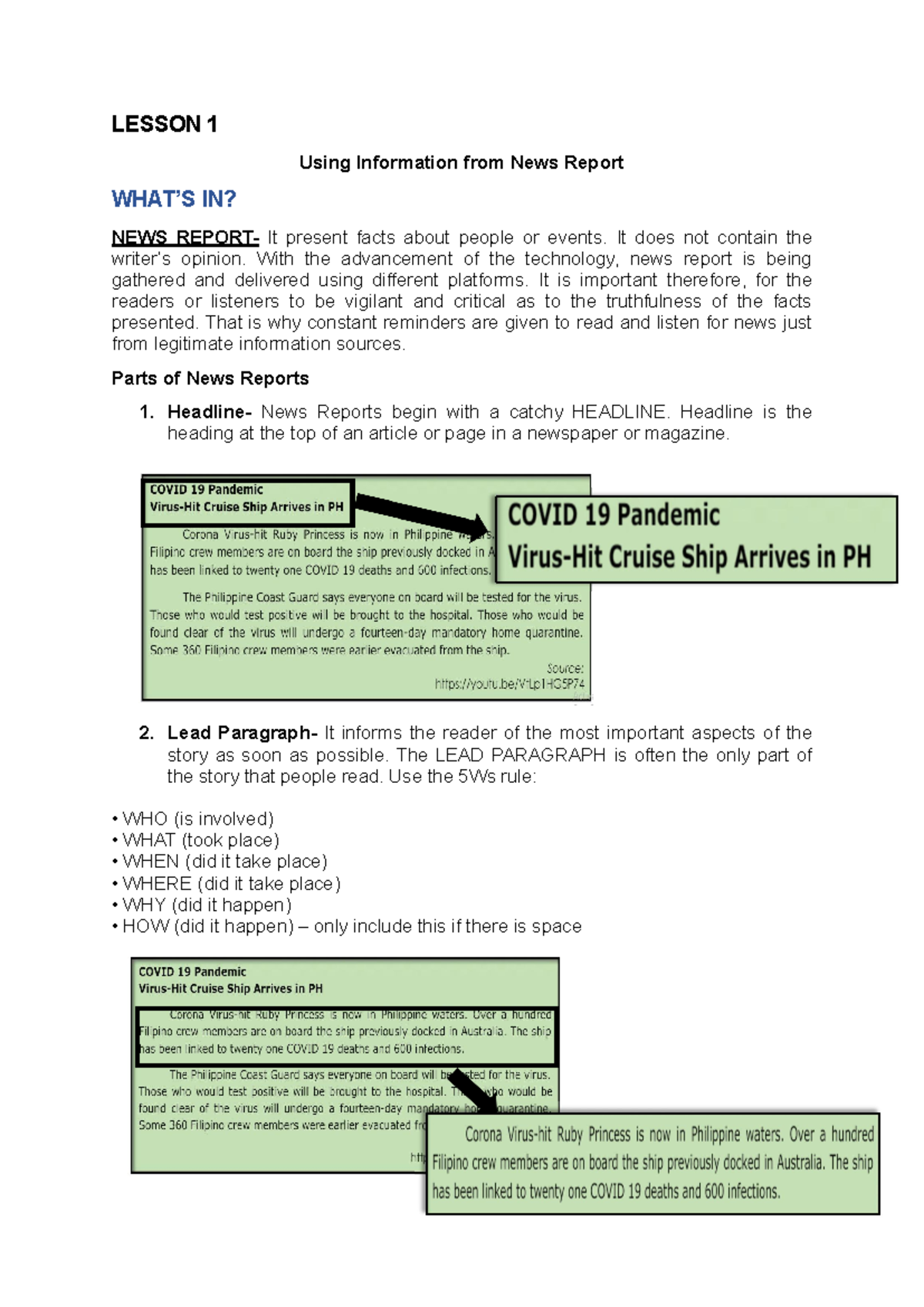 Lesson 1- News Report - LESSON 1 Using Information from News Report ...