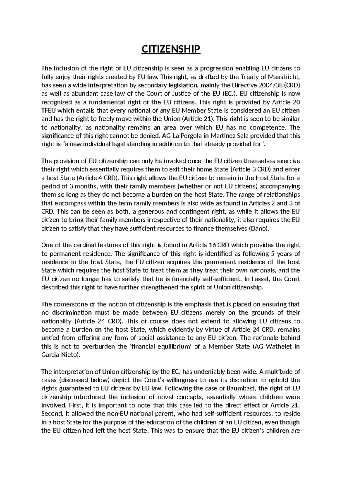 Citizenship essay - CITIZENSHIP The inclusion of the right of EU ...