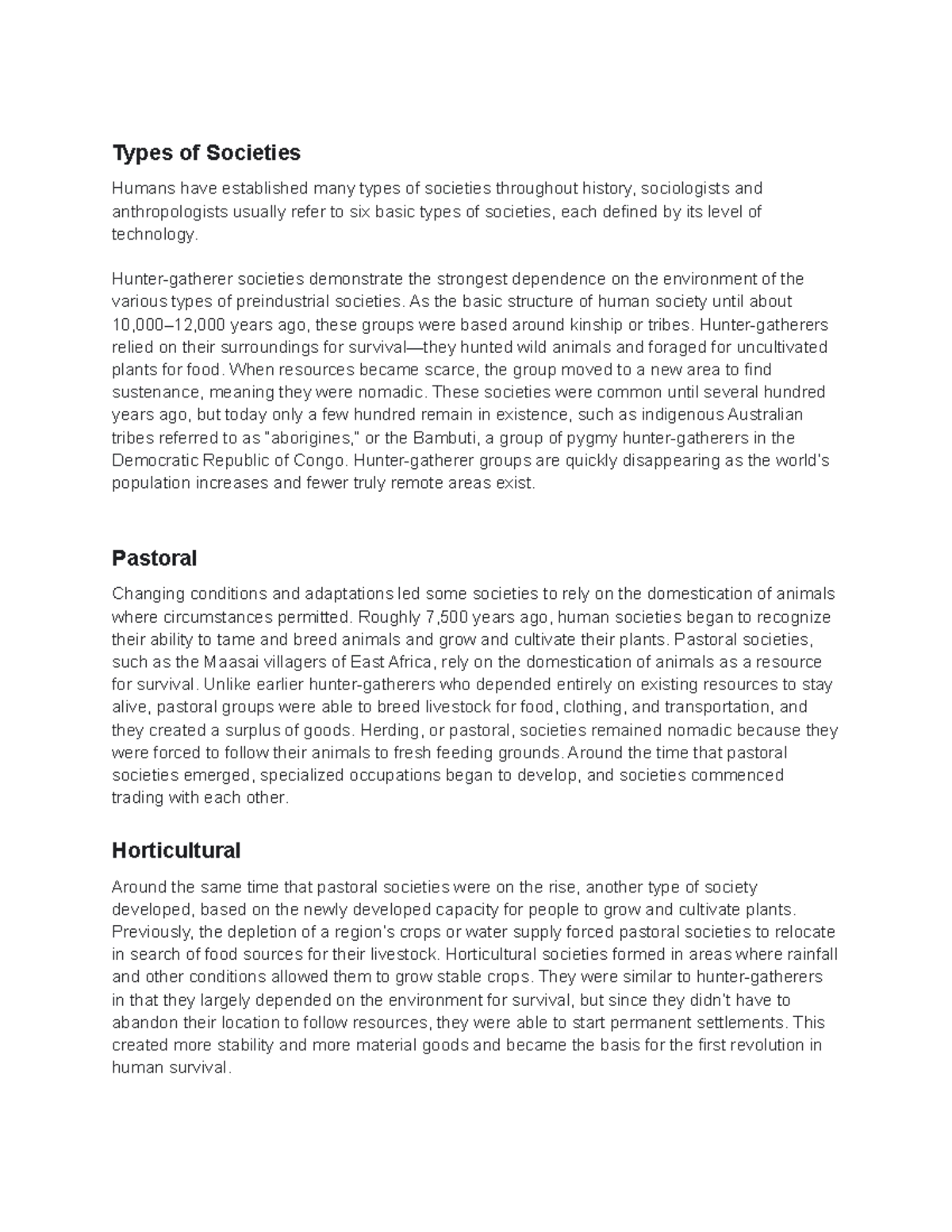 Types of Societies - in-person lecture notes - Types of Societies ...