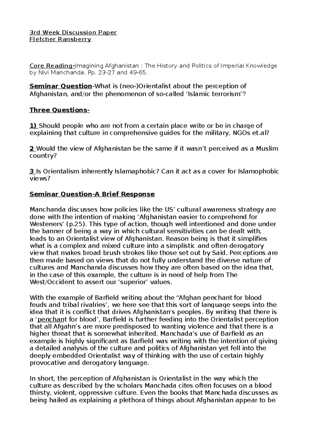 3rd Week Discussion Paper seminar - 3rd Week Discussion Paper Fletcher ...