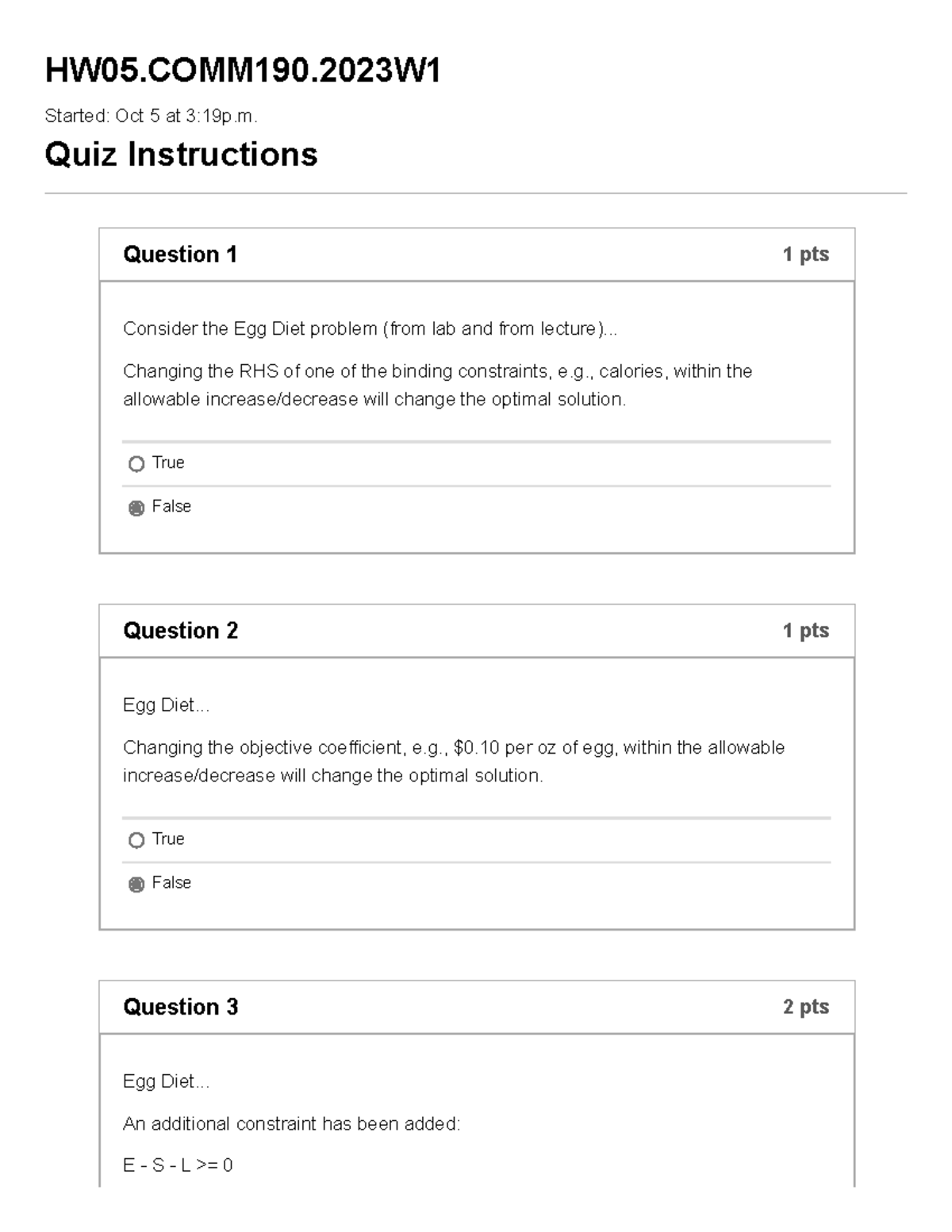 COMM190 HW333333 - HW05.COMM190 Started: Oct 5 at 3:19p. Quiz ...
