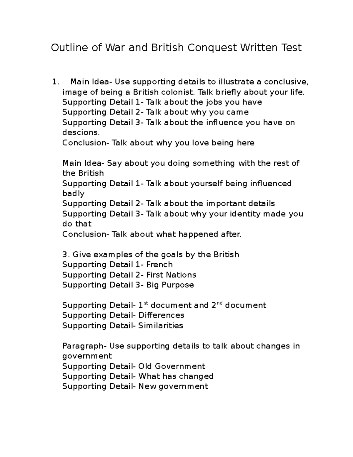 Outline of War and British Conquest Written Test - Talk briefly about ...