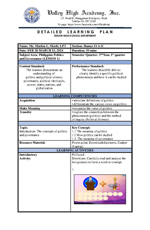 DISS DAILY LESSON PLAN - Valley High Academy, Inc. J. Rizal St ...