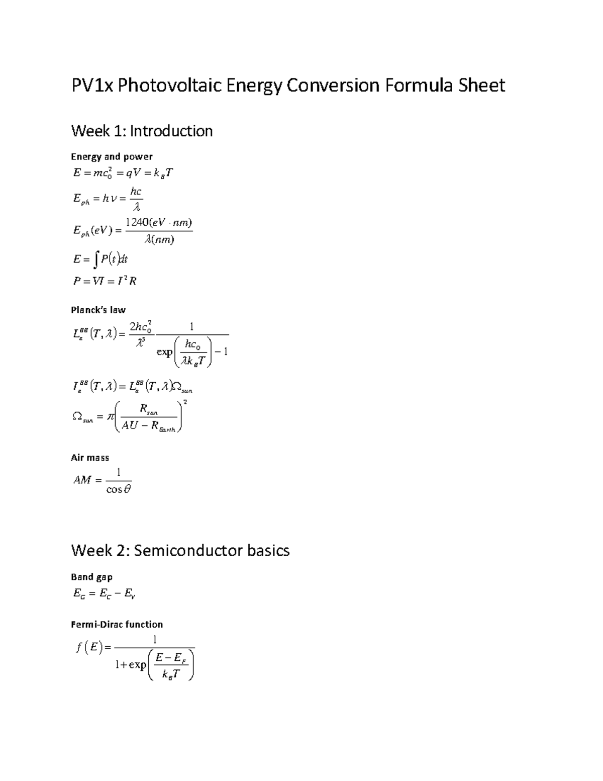 PV2x List of equations - PV1x Photovoltaic Energy Conversion Formula ...