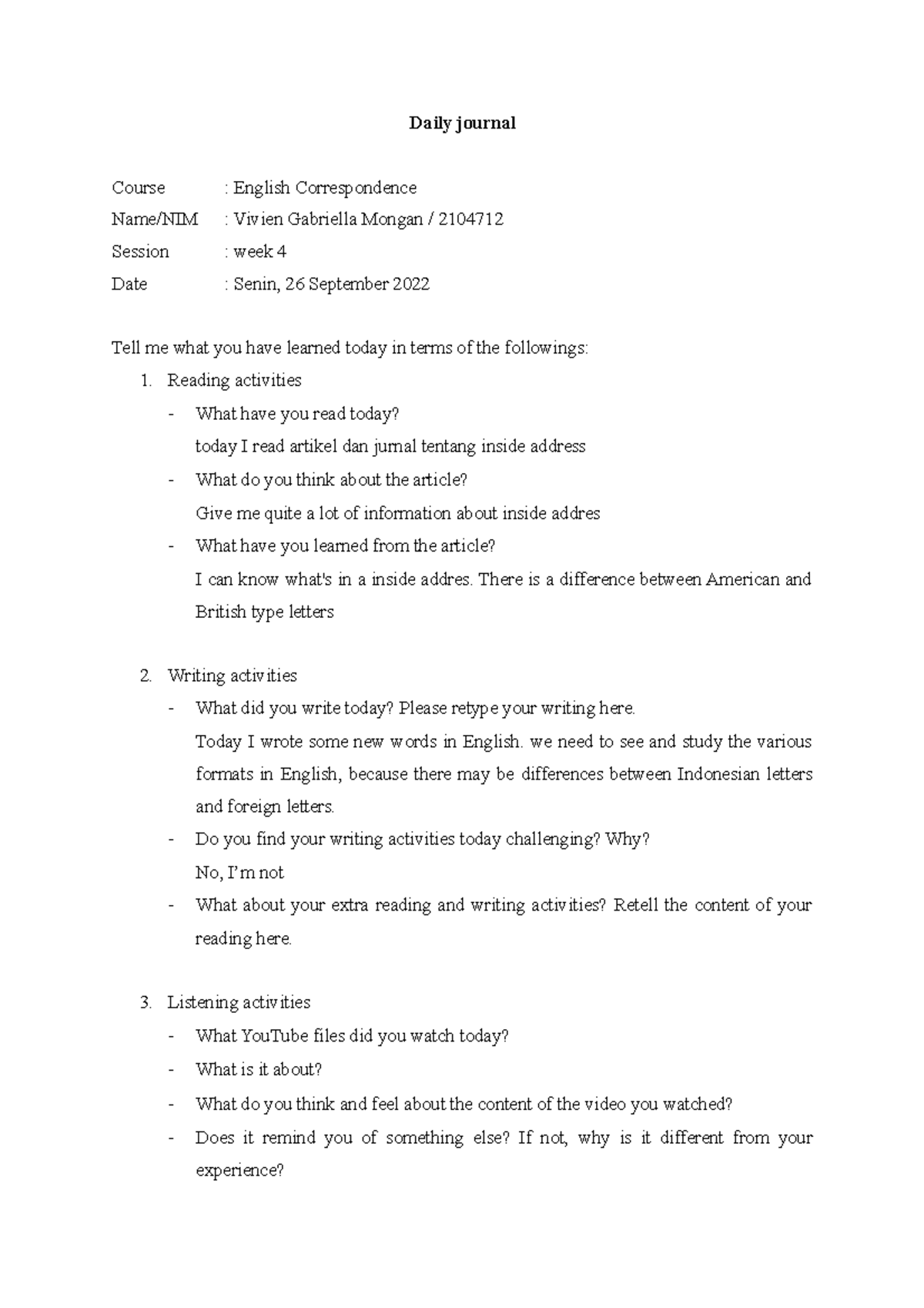 Daily journal at English Course to reflect student's understanding ...