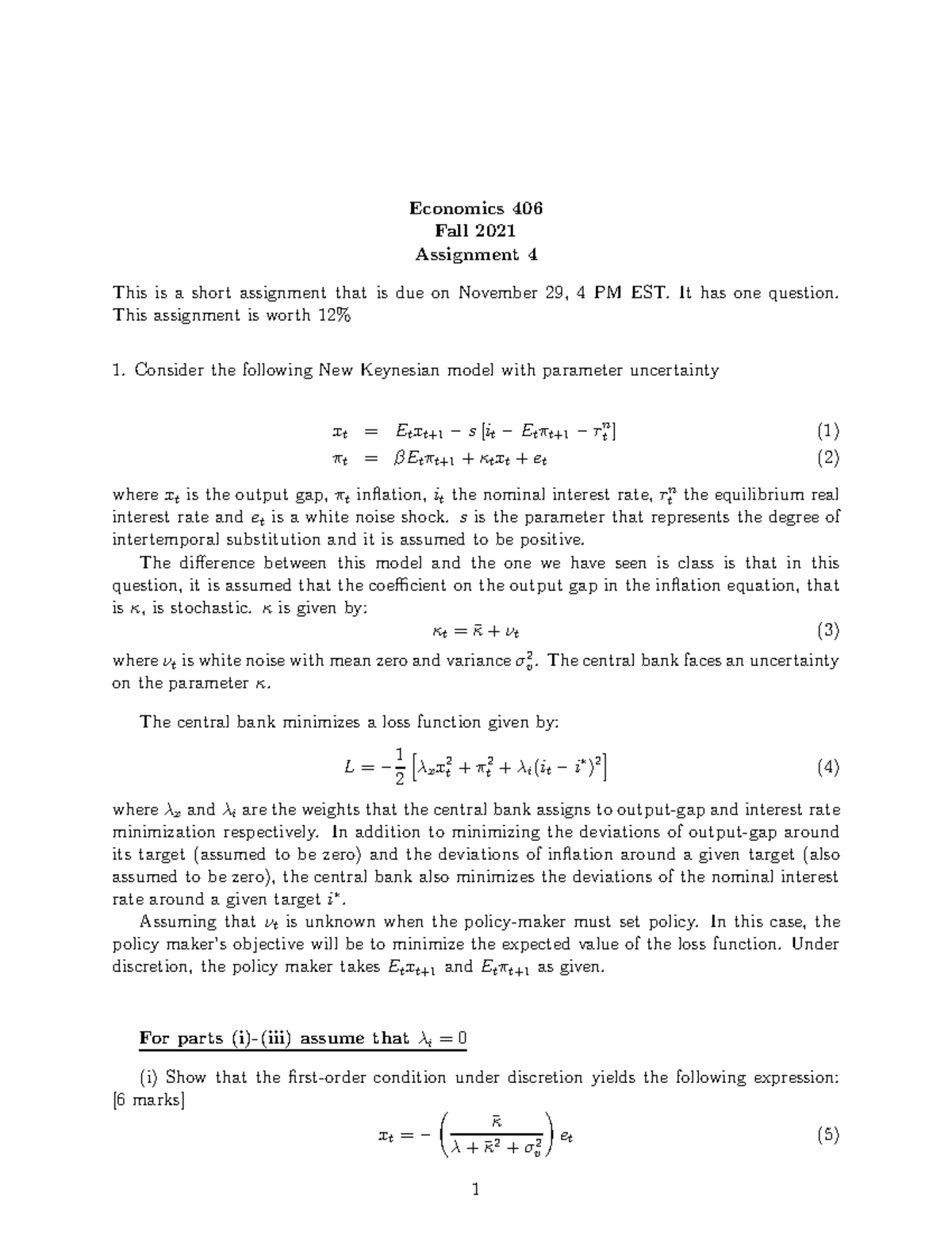 Assignment 5 e406 f20211 - Economics 406 Fall 2021 Assignment 4 This is a short assignment that ...