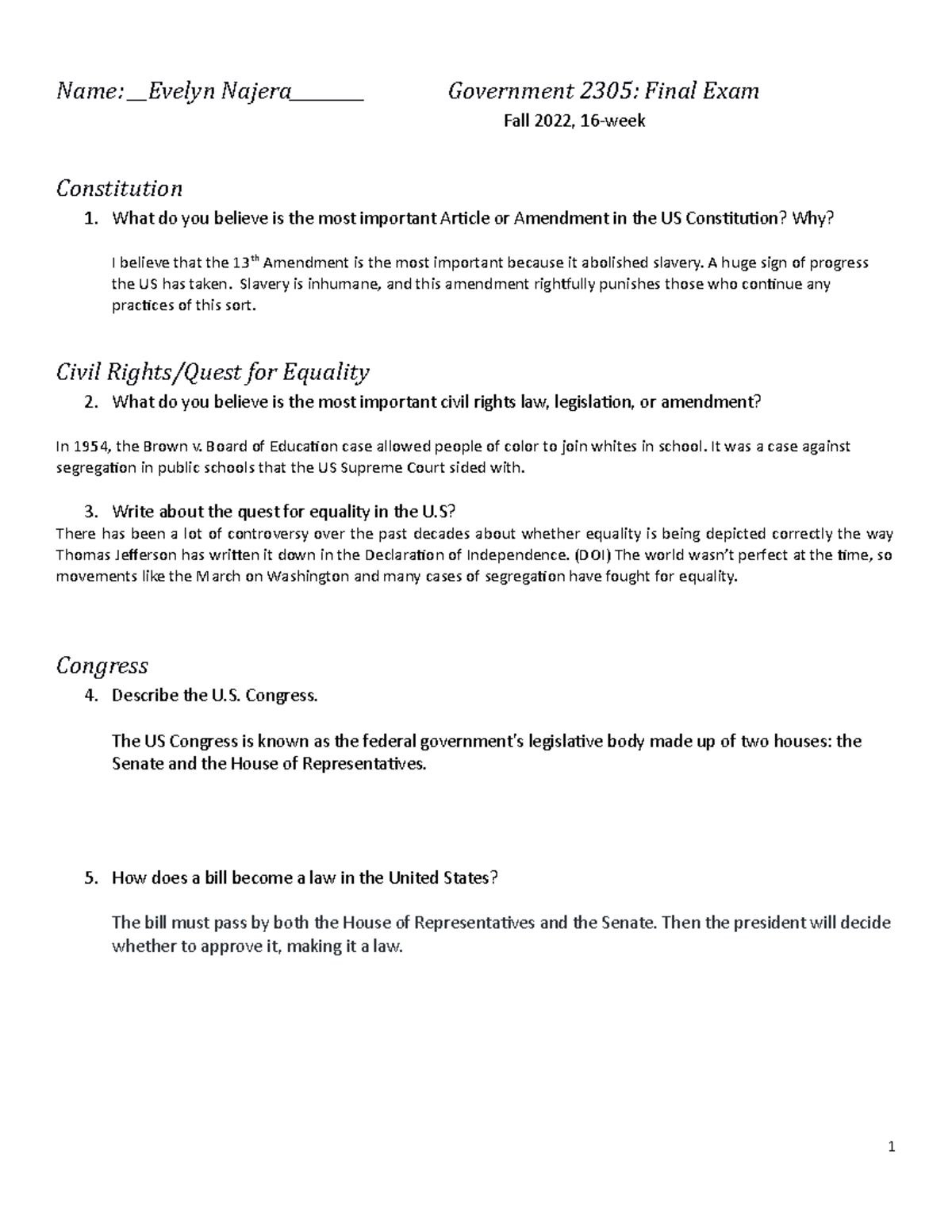 Fed Govt Final - notes - Name: Evelyn Najera______ Government 2305 ...