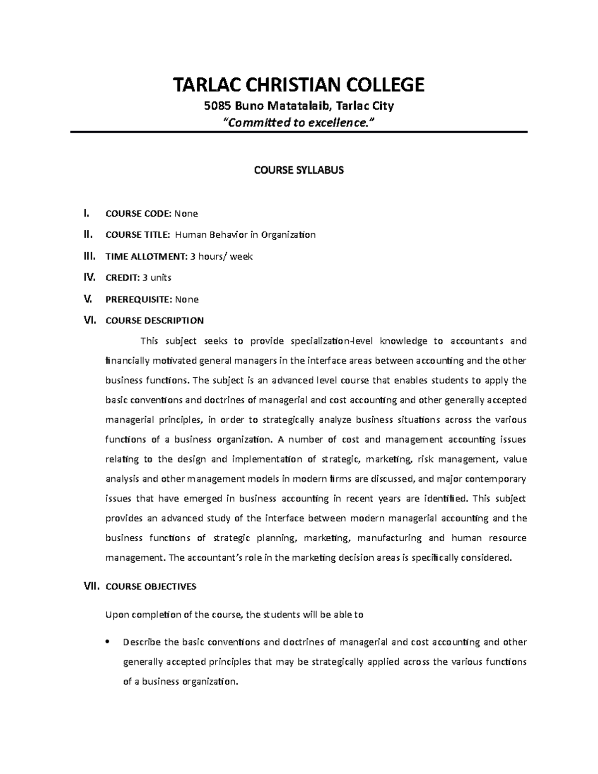 Syllabus 1 hbo - gfdsa - TARLAC CHRISTIAN COLLEGE 5085 Buno Matatalaib ...