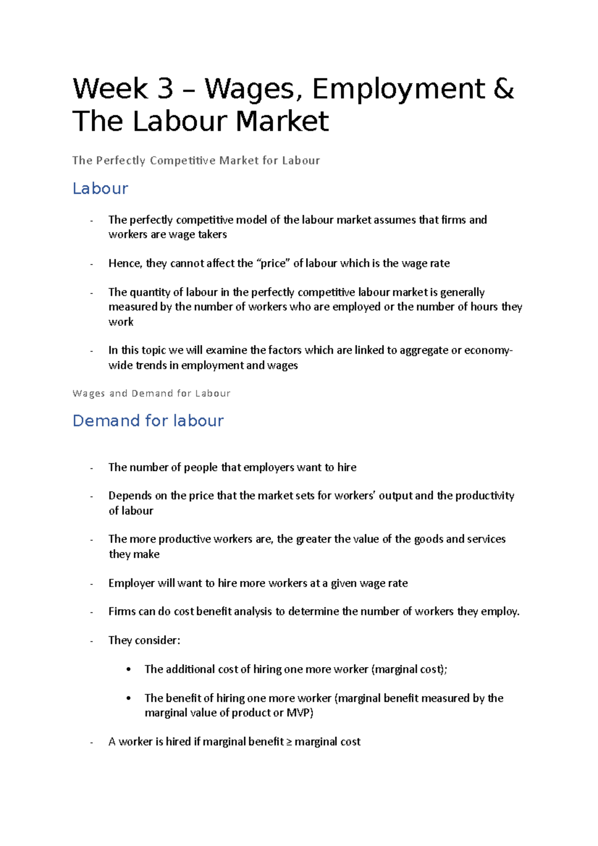 MACRO Topic 3 Notes - Week 3 – Wages, Employment & The Labour Market ...