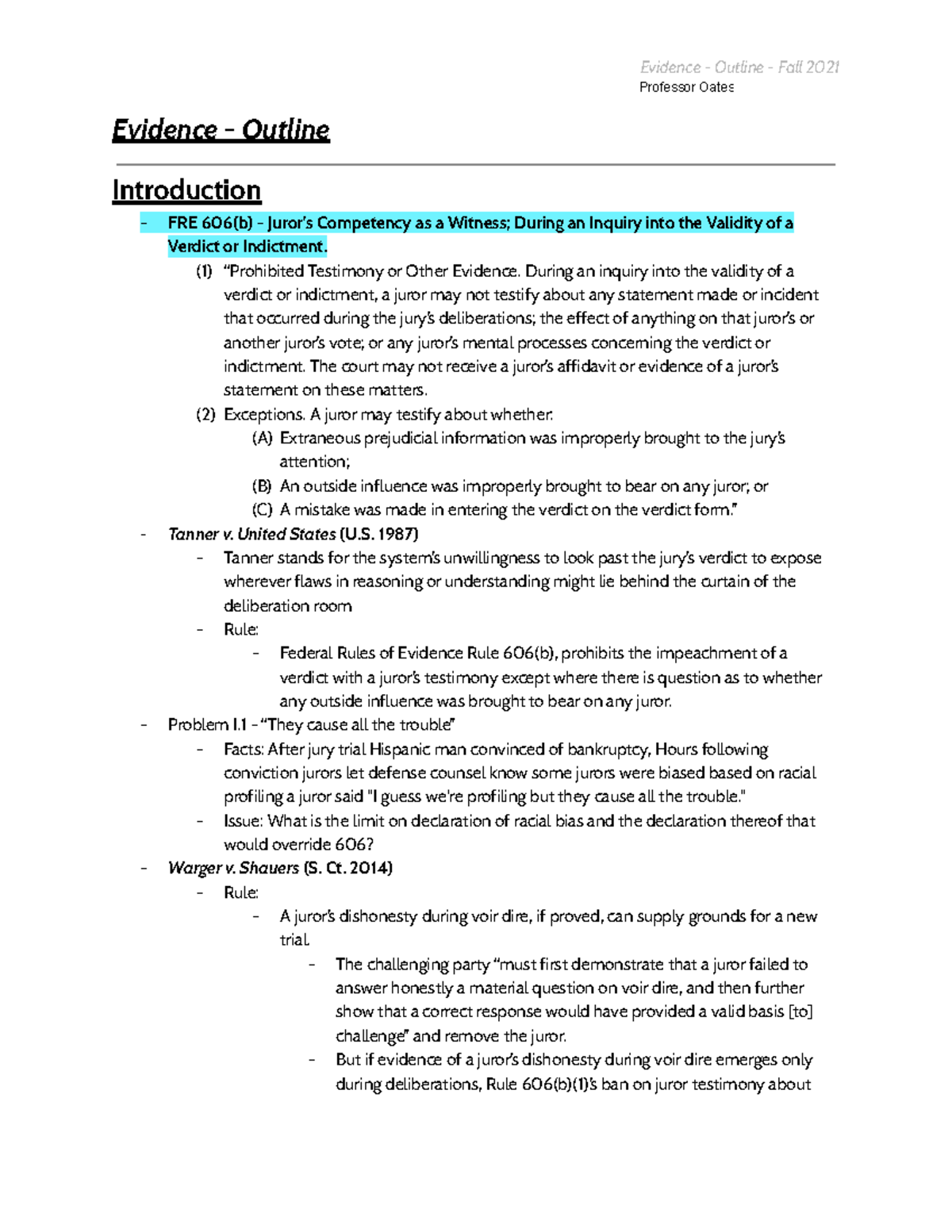 Oates Evidence Fall 2021 - Evidence - Outline Introduction FRE 606(b ...