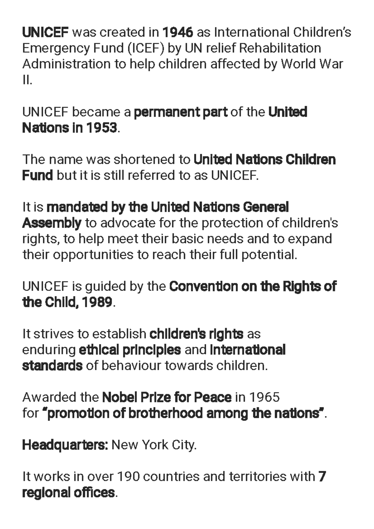 Unicef notes and lecture notes - UNICEF was created in 194 6 as ...