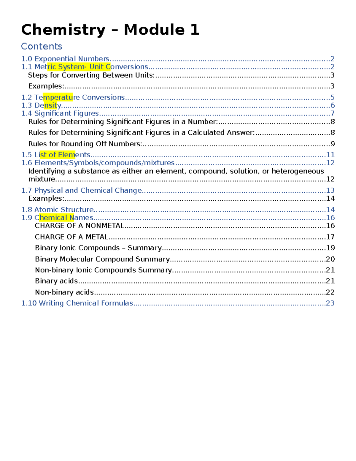 Module 1 - Notes - Contents Chemistry – Module 1 Exponential - Studocu