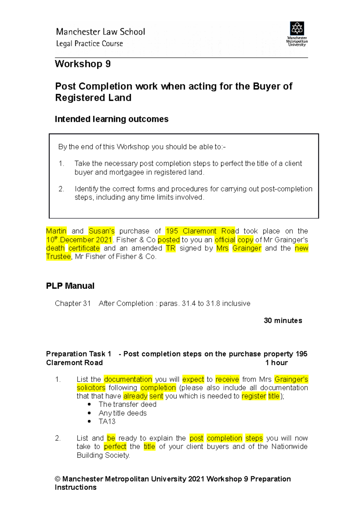 PLP Workshop 9 Prep - Workshop 9 Post Completion work when acting for ...