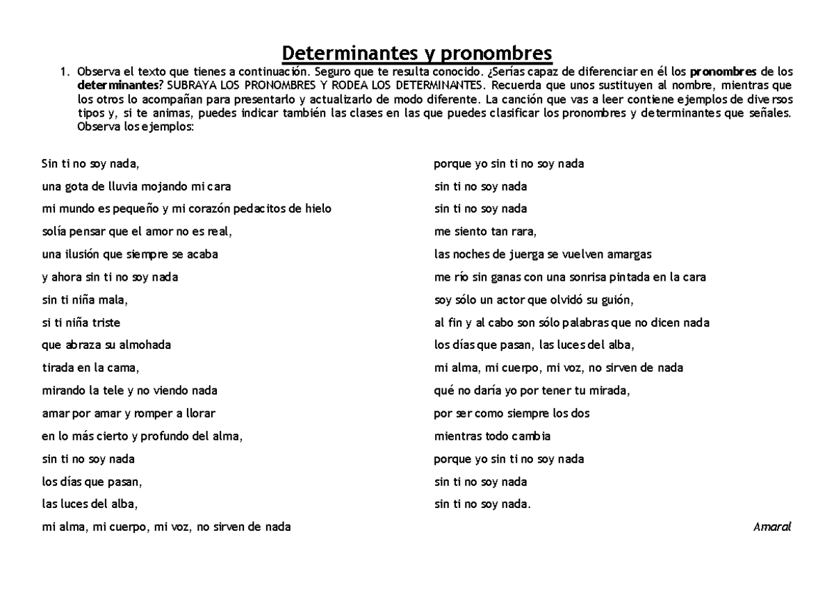 Actividades determinantes y pronombres - Determinantes y pronombres 1 ...