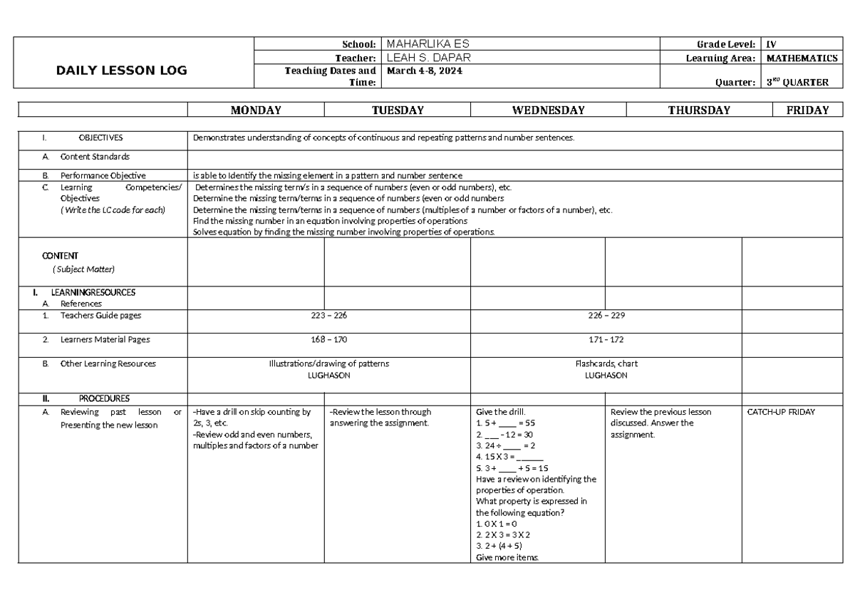 DLL Mathematics 4 Q3 W5 - DAILY LESSON LOG School: MAHARLIKA ES Grade Level: IV Teacher: LEAH S ...