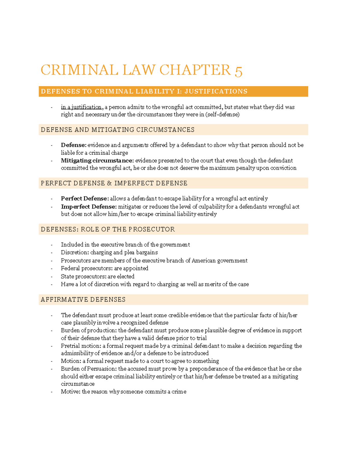 Criminal Law Chapter 5 Lecture - CRIMINAL LAW CHAPTER 5 DEFENSES TO ...