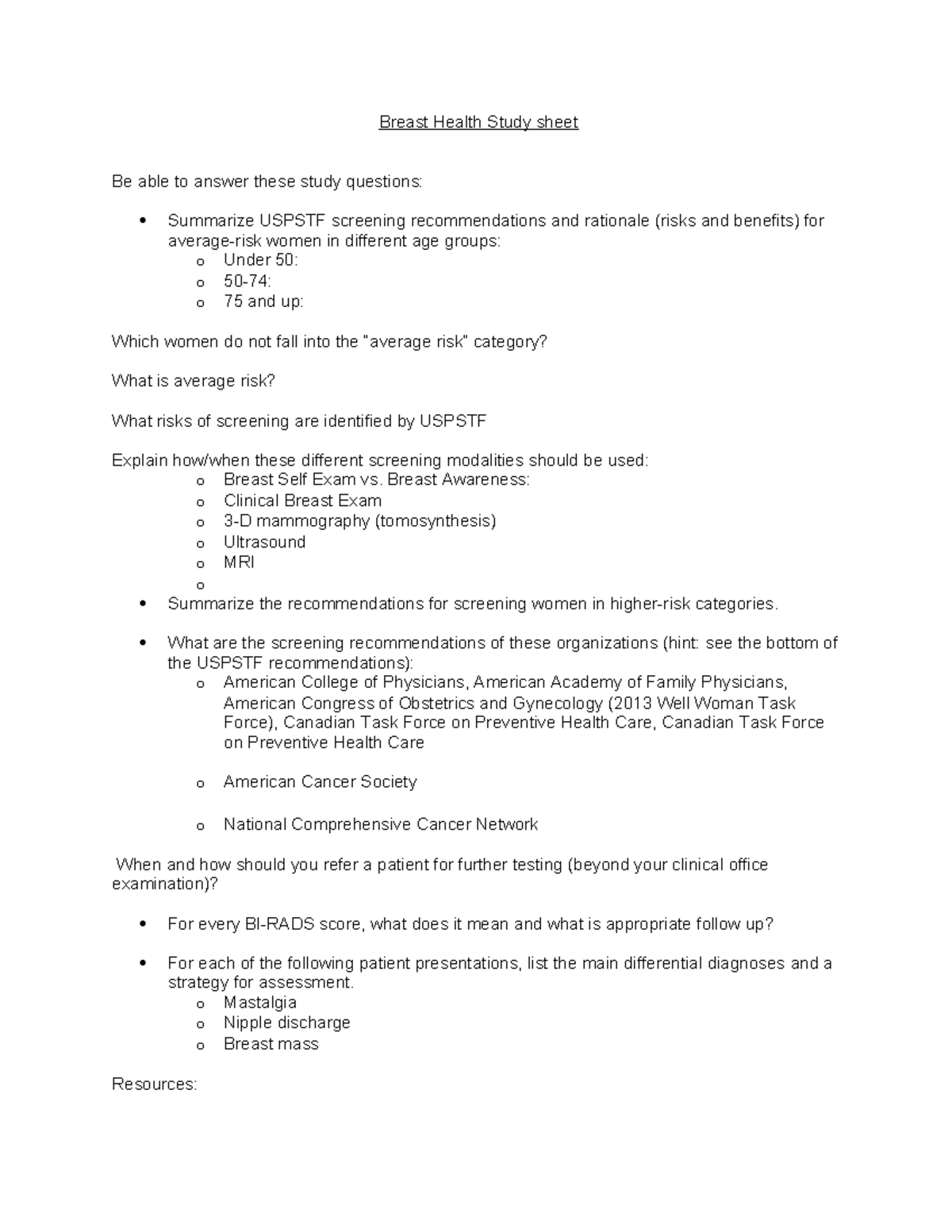Breast Health Study sheet - Breast Awareness: o Clinical Breast Exam o ...