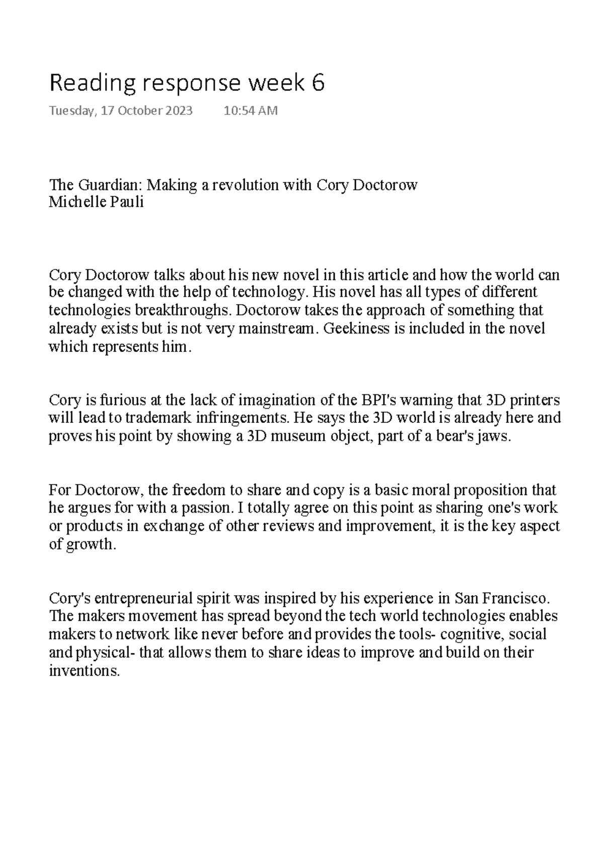 Reading response week 6 - The Guardian: Making a revolution with Cory ...