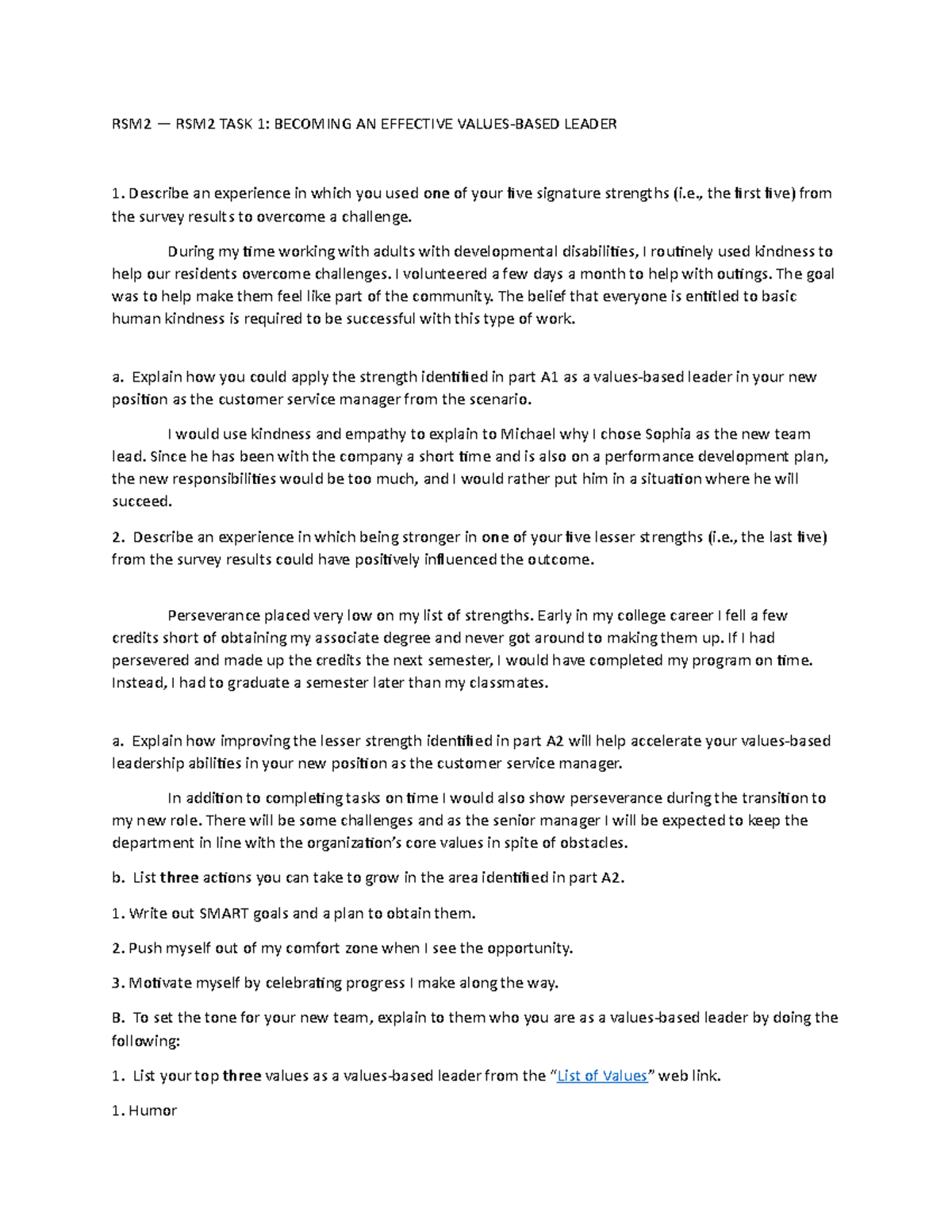 RSM2 Becoming an Effective Values-Based Leader - RSM2 — RSM2 TASK 1 ...