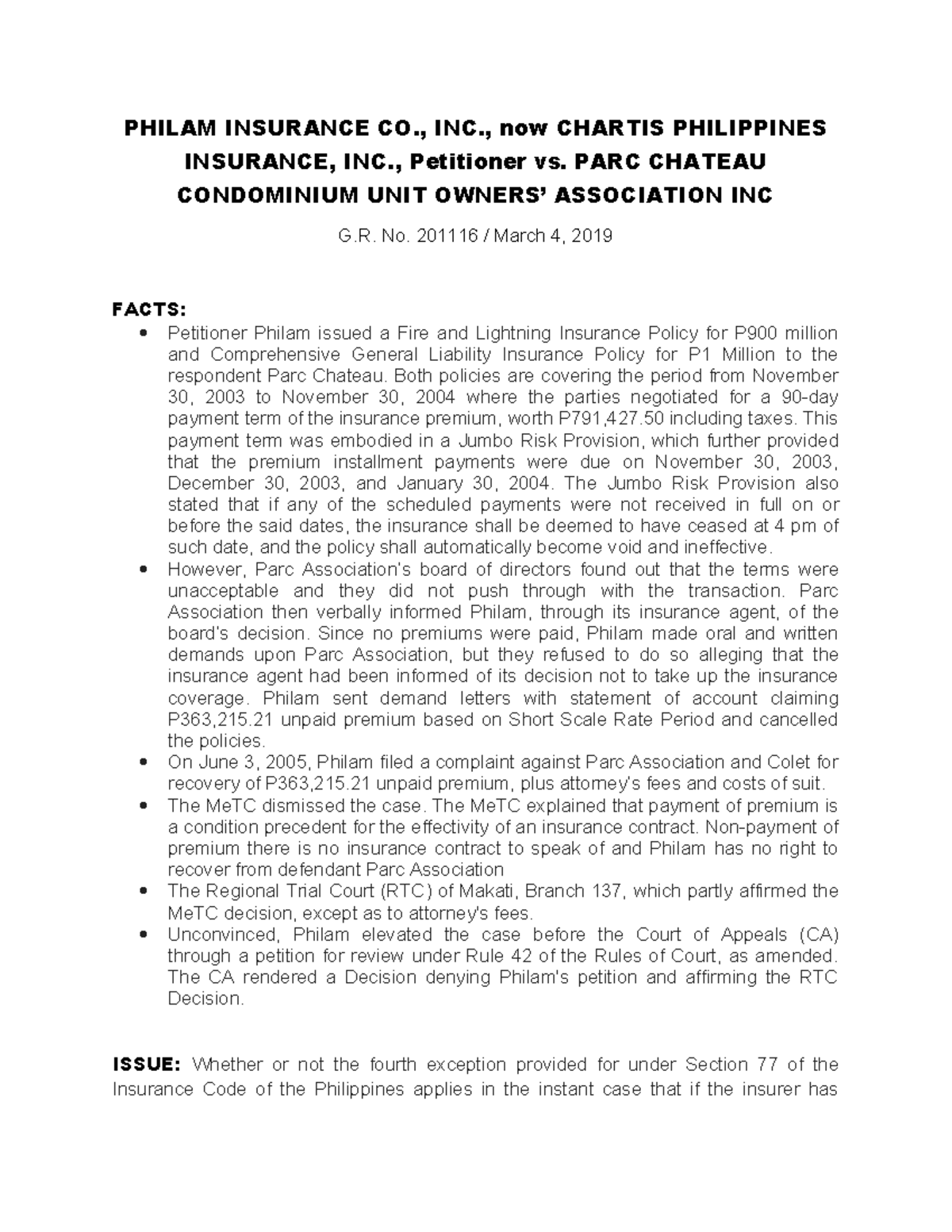 Philam Insurance CO., INC., now Chartis Philippines Insurance, INC ...