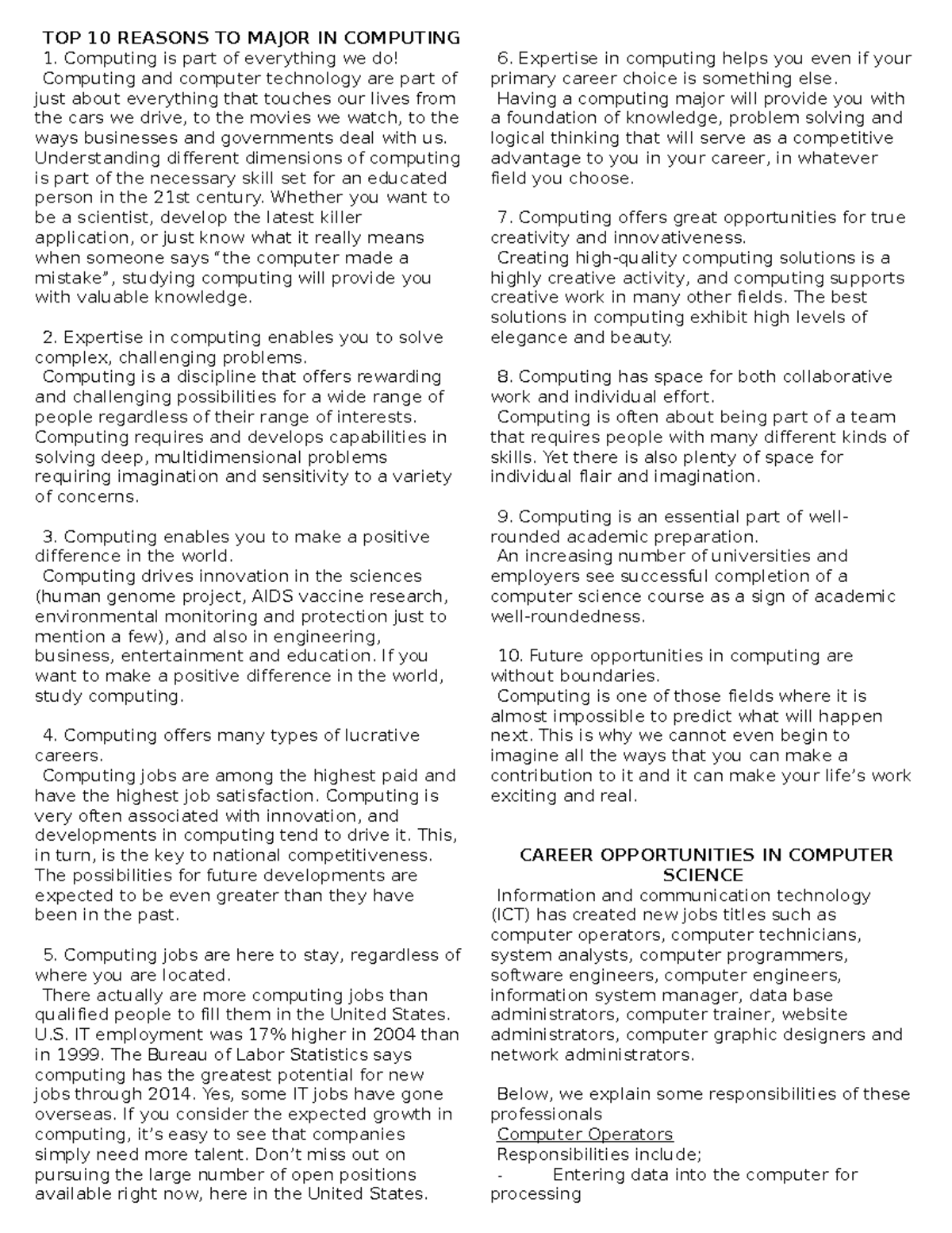 1206 Computer Professions - TOP 10 REASONS TO MAJOR IN COMPUTING ...