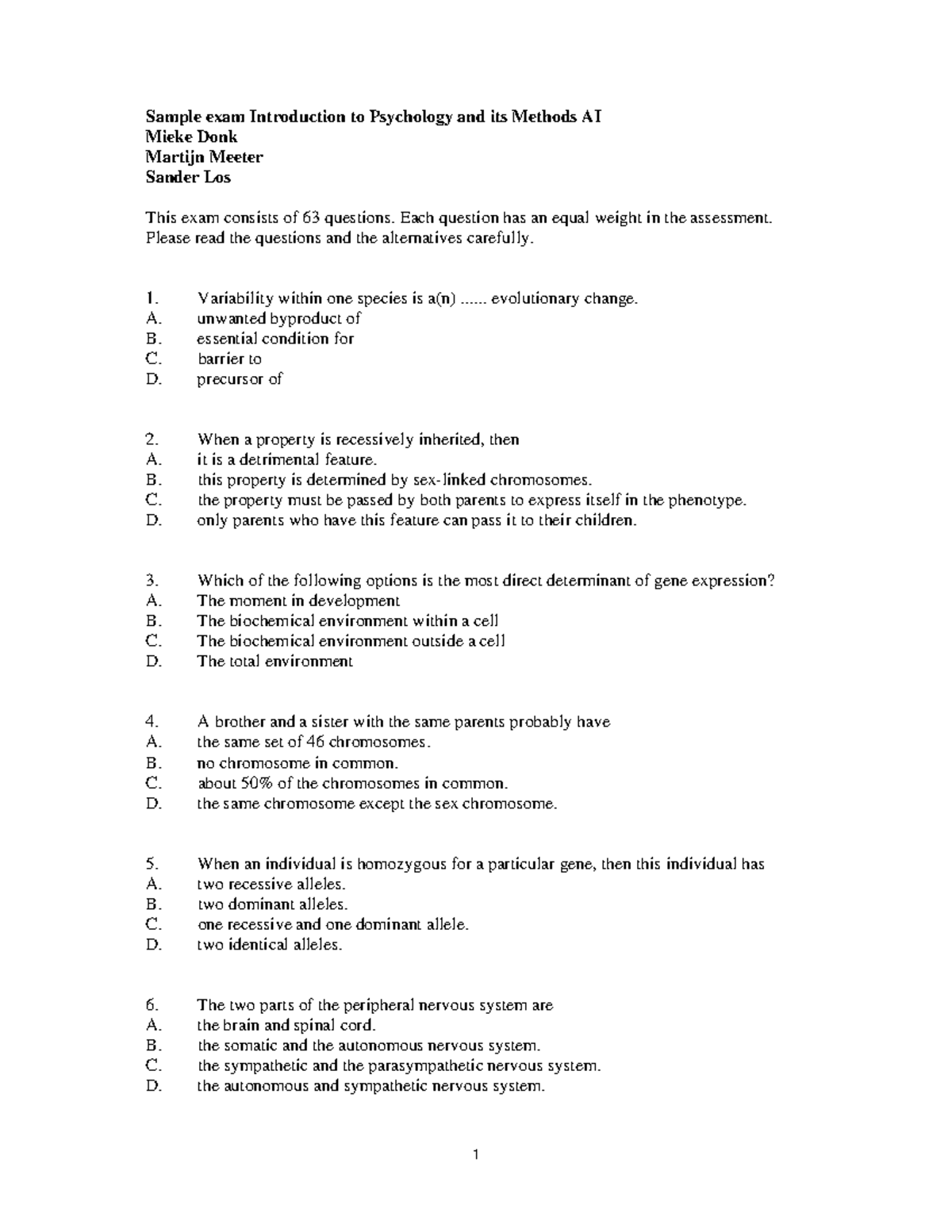 Mock Exam Questions - Sample exam Introduction to Psychology and its ...