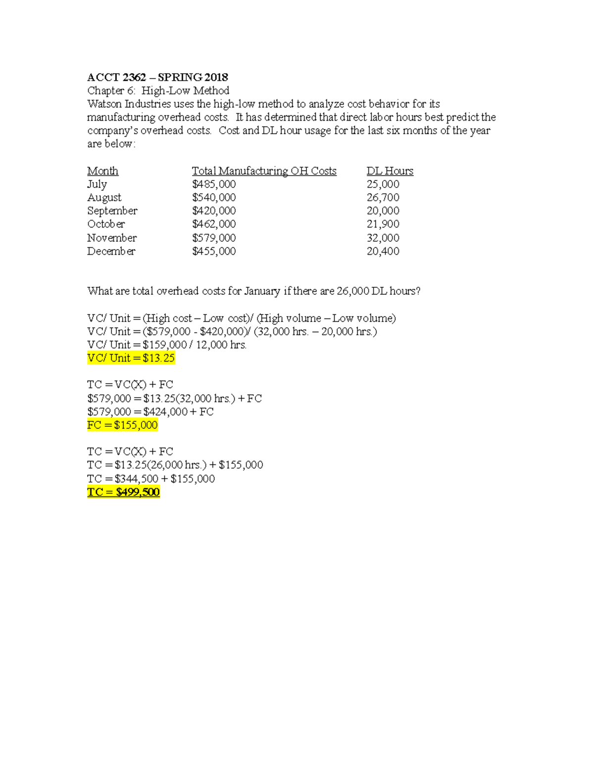 Ch6 - High-Low Method - Lecture notes 1 - ACCT 2362 – SPRING 2018 ...