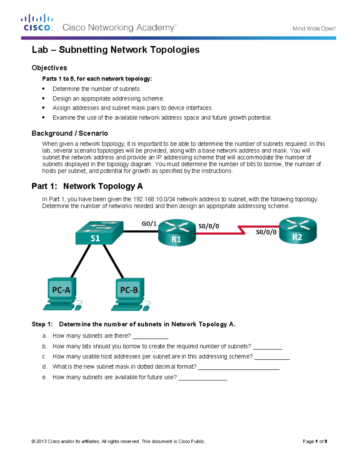 9.1.4.9 Lab - Subnetting Network Topologies - Objectives Parts 1 to 5 ...