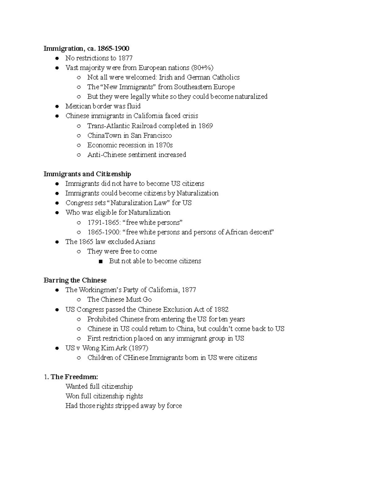 Immigration and Citizenship - Immigration, ca. 1865- No restrictions to ...
