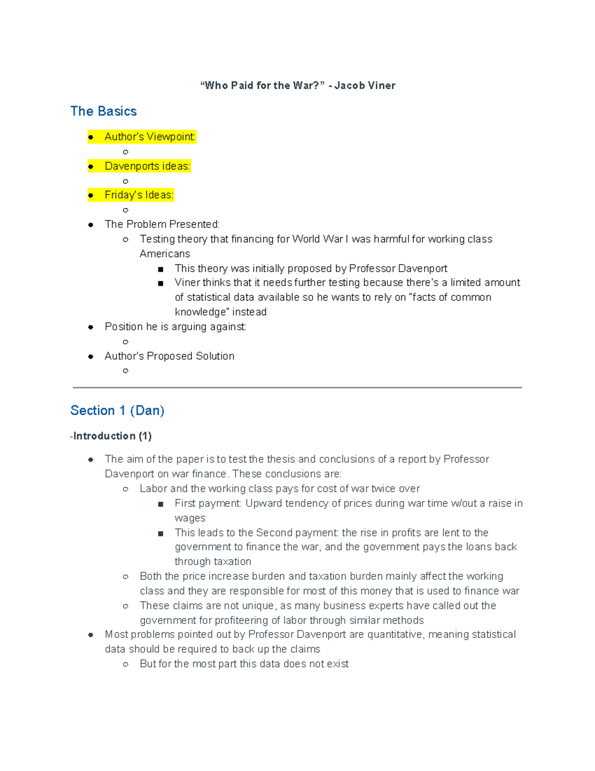 Reading Outline Jacob Viner's Who Paid for the War - Paid for the Jacob ...