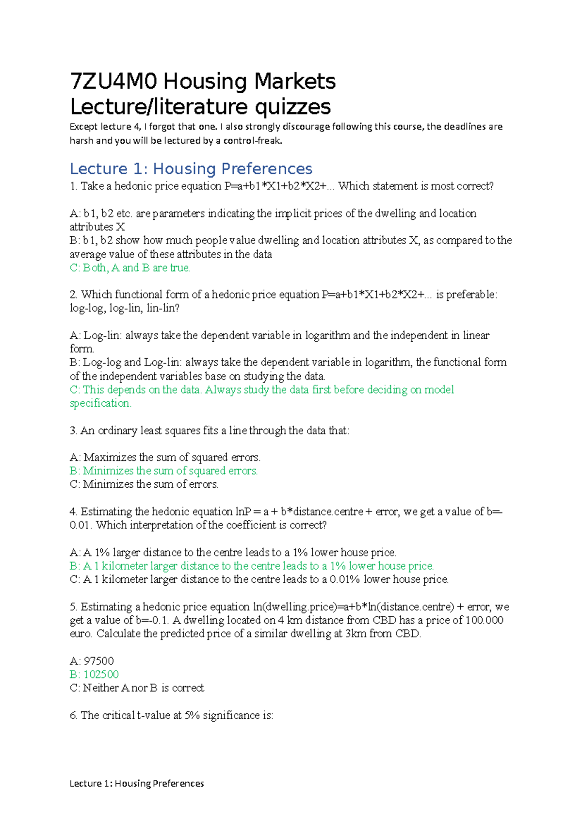 Housing System Strategies Lecture quizzes + answers - 7ZU4M0 Housing ...