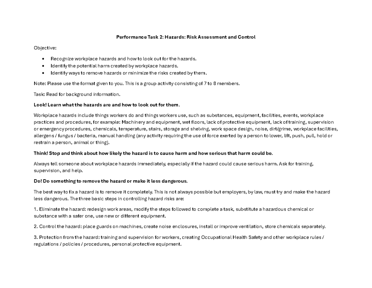 Ptask-2 - waergbz - Performance Task 2: Hazards: Risk Assessment and ...