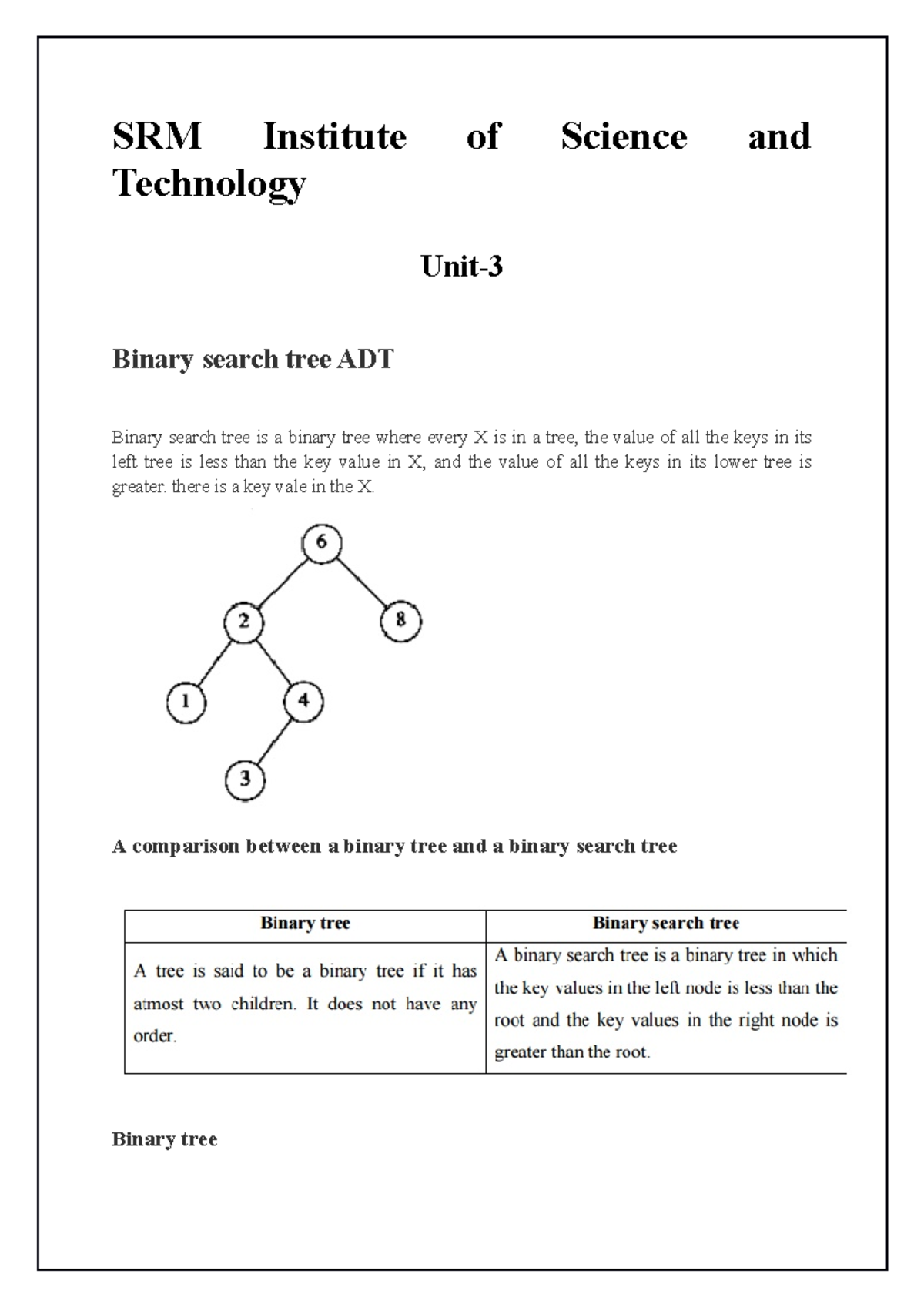 Binary search tree ADT - Aarini singh - SRM Institute of Science and ...