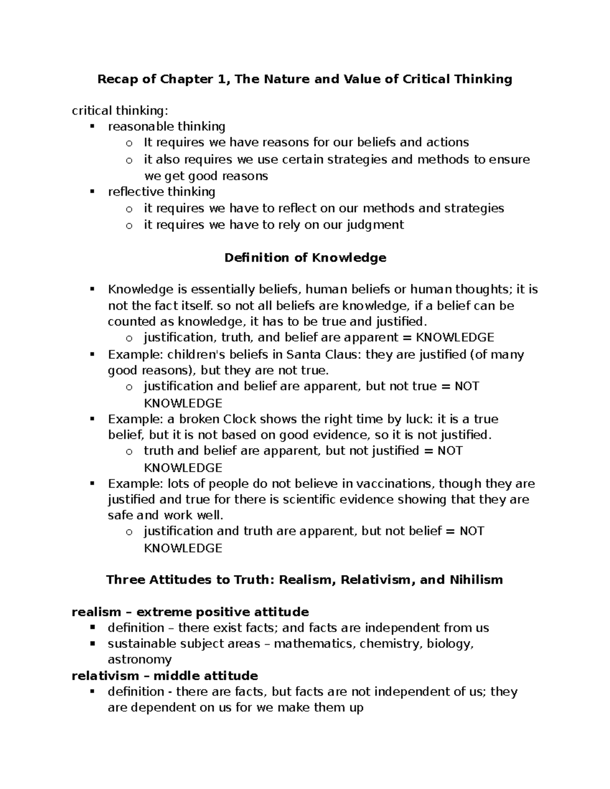 Chapter 1 notes - David Hunter - Recap of Chapter 1, The Nature and ...