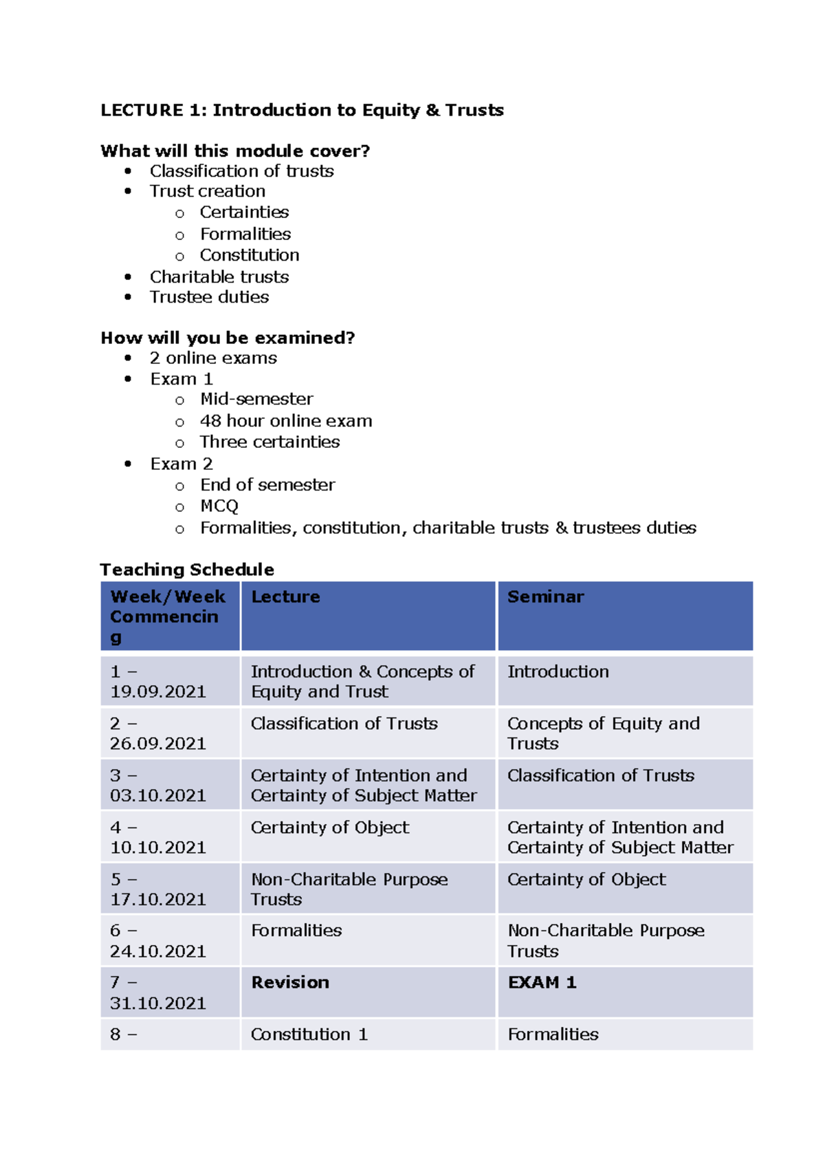 Lecture 1 - LECTURE 1: Introduction to Equity & Trusts What will this ...