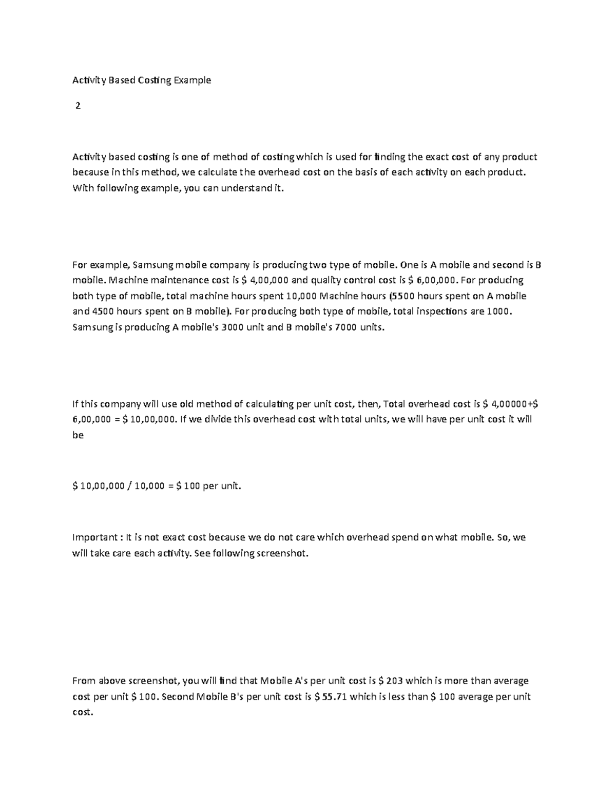 Activity Based - Assignment - Activity Based Costing Example 2 Activity ...