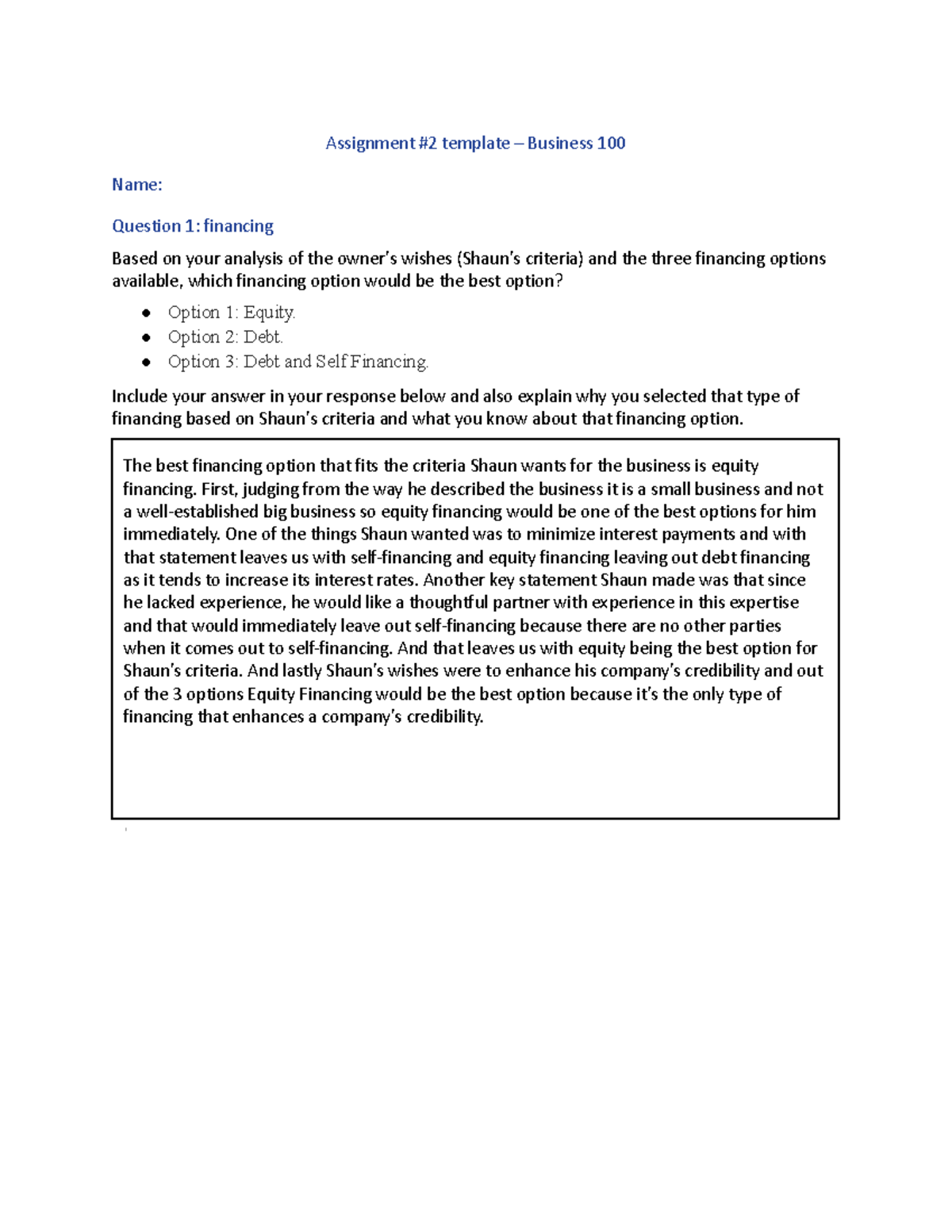 Business 100 Week 2 - Assignment #2 template – Business 100 Name ...